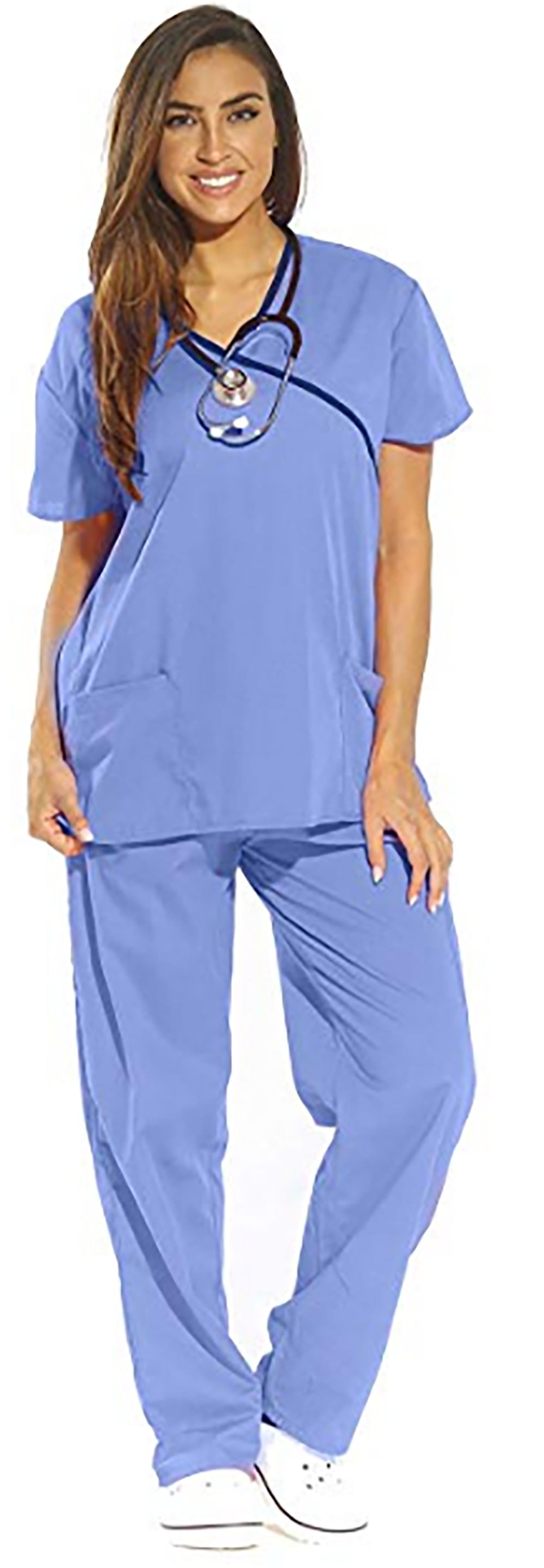 Just Love Mock Wrap Medical Scrubs Sets, Women's, Ceil with Navy Trim ...