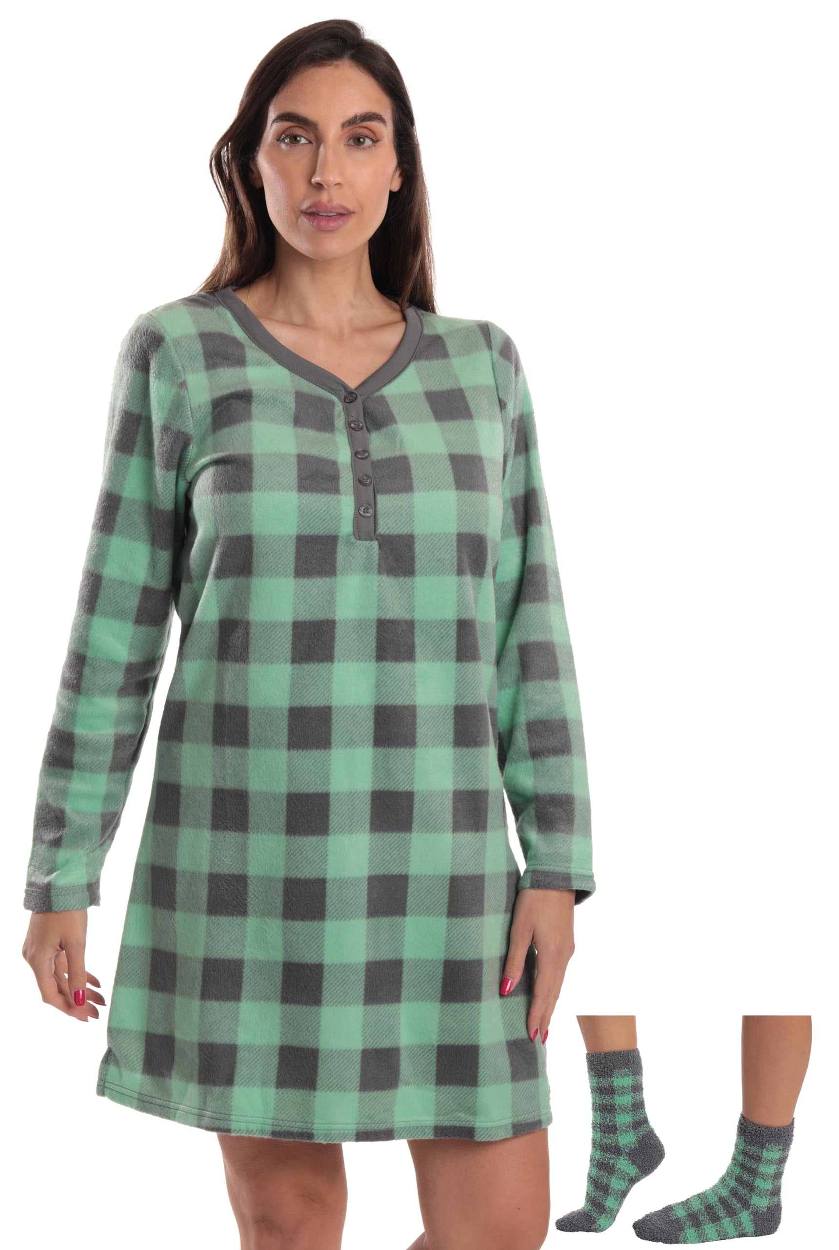 Just Love Henley Night Shirt with Socks for Women 6731-10195-PNK-XL (Buffalo Plaid - Mint ...