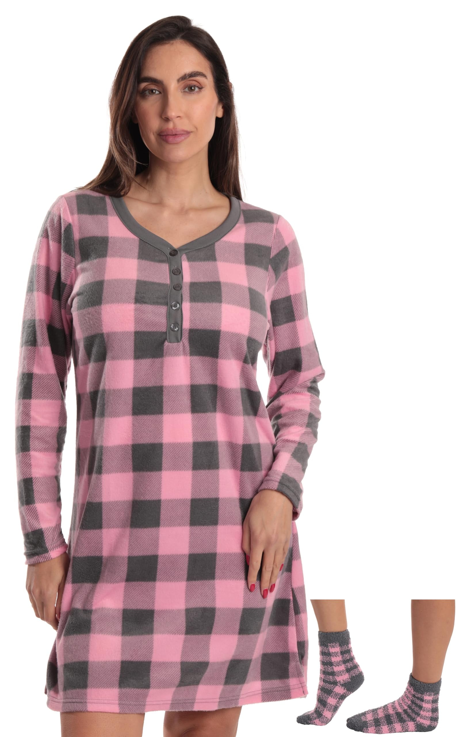 Just Love Henley Night Shirt with Socks for Women 6731-10195-PNK-XL (Buffalo Plaid - Pink ...