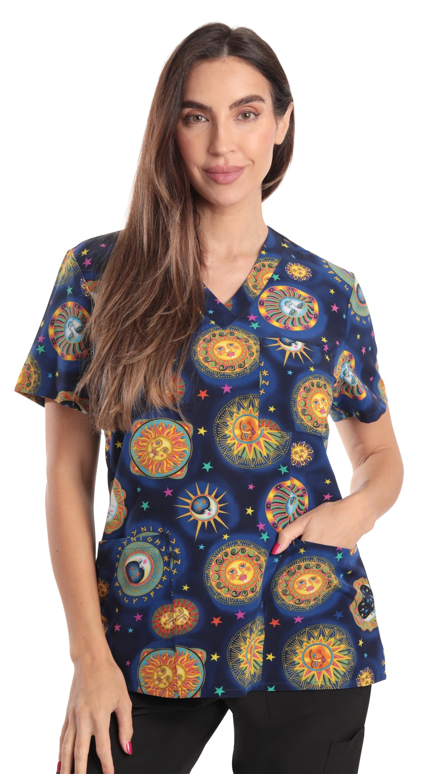 Just Love Women's V-Neck Printed Scrub Top (Blue Sun Stretch Fabric, 2X ...