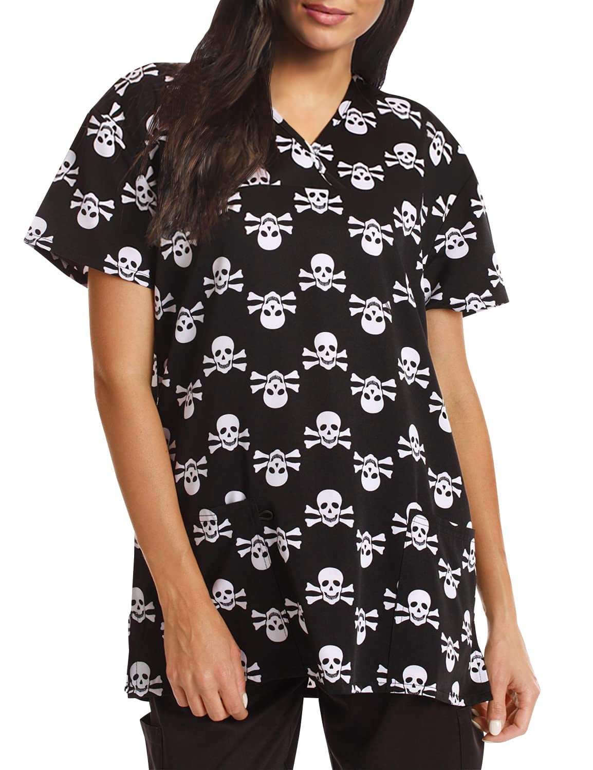 Just Love Women's V-Neck Printed Scrub Top (Stretch Fabric Black ...