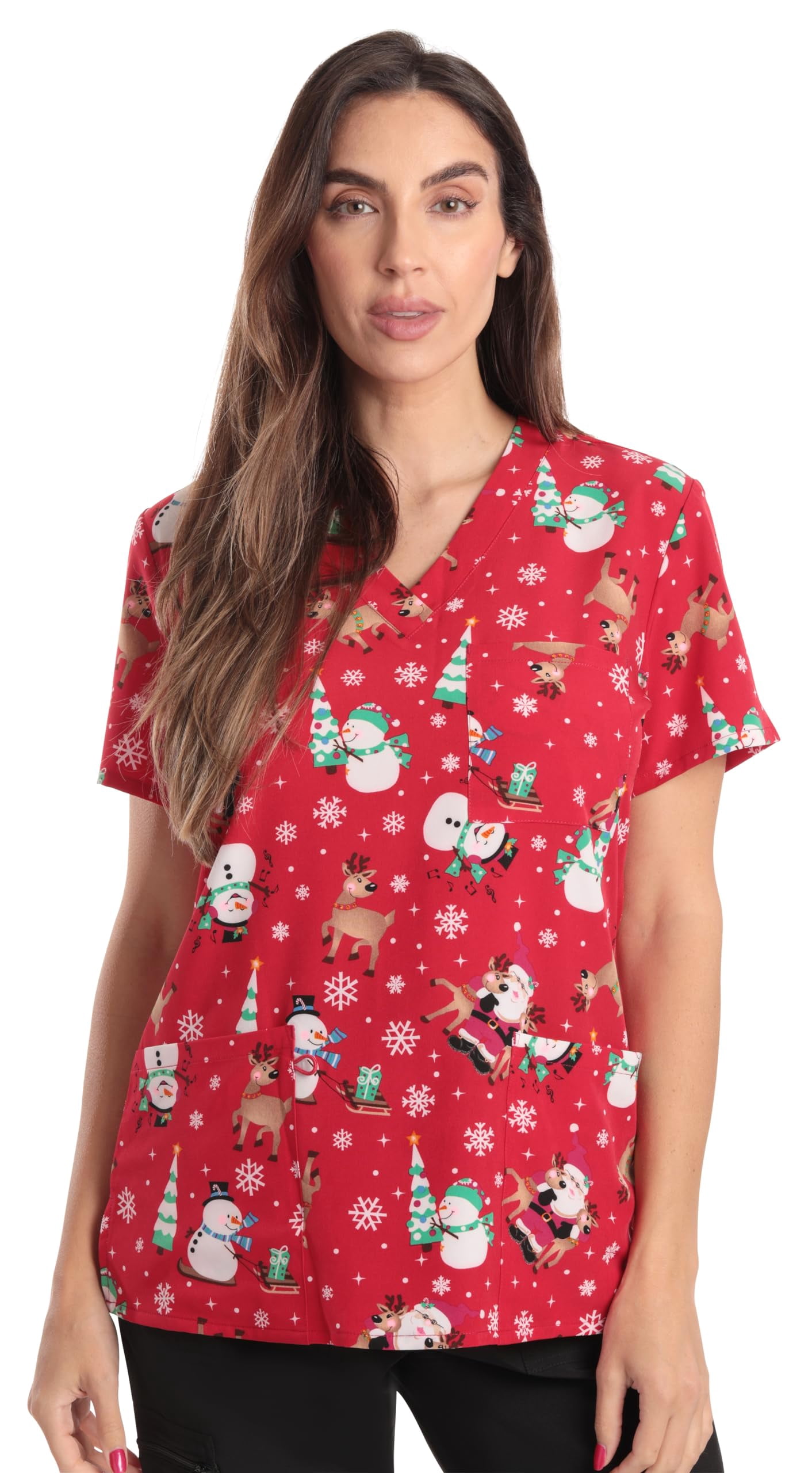 Just Love Women's V-Neck Printed Scrub Top (Xmas Santa Reindeer Stretch ...