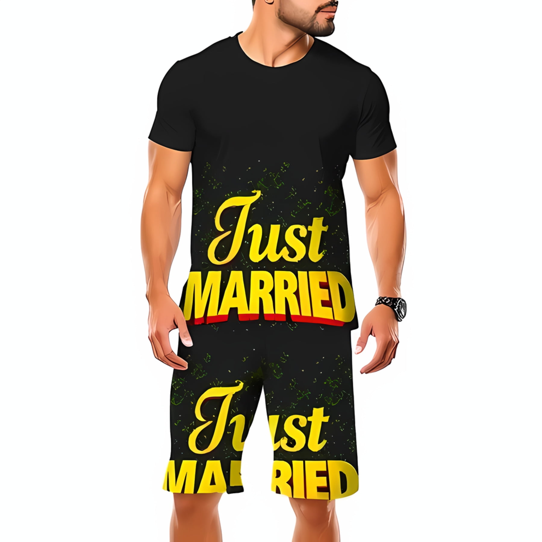 Just Married T-Shirt and Shorts Set - Bold Yellow Graphic on Dark ...
