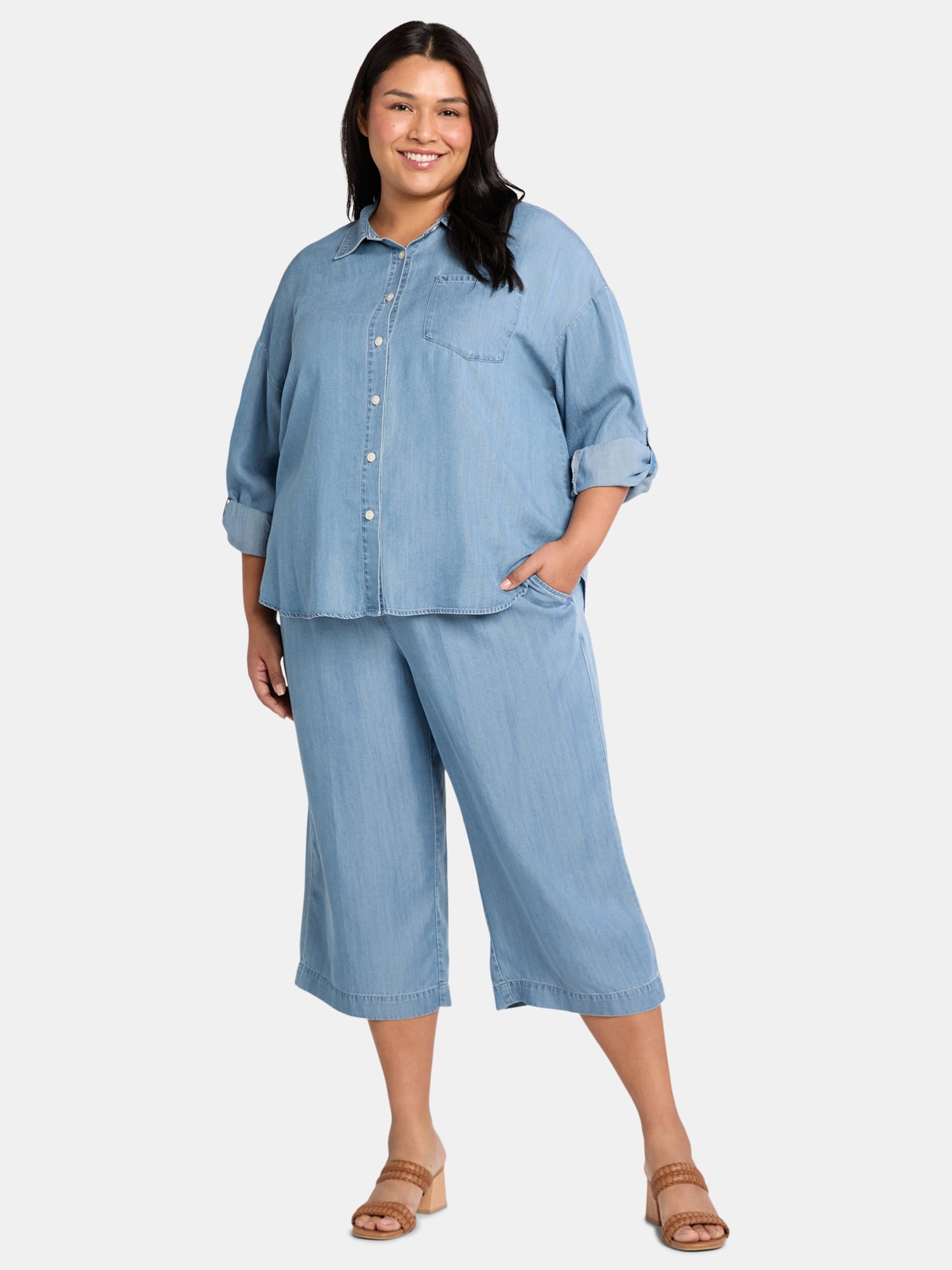 Just My Size Women's Plus Chambray Button Up Shirt and Capri Pants Set ...