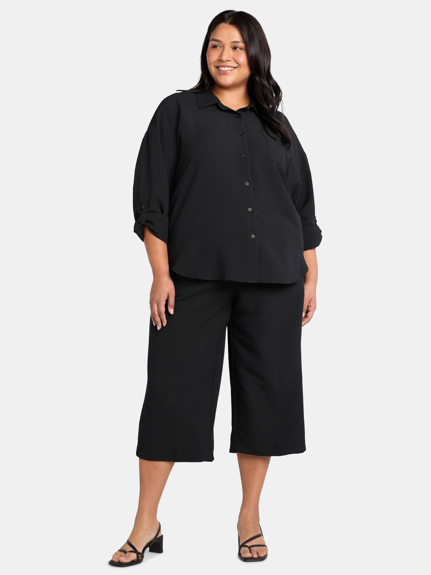 Just My Size Women's Plus Gauze Button Up Shirt and Capri Pants Set, 2 ...