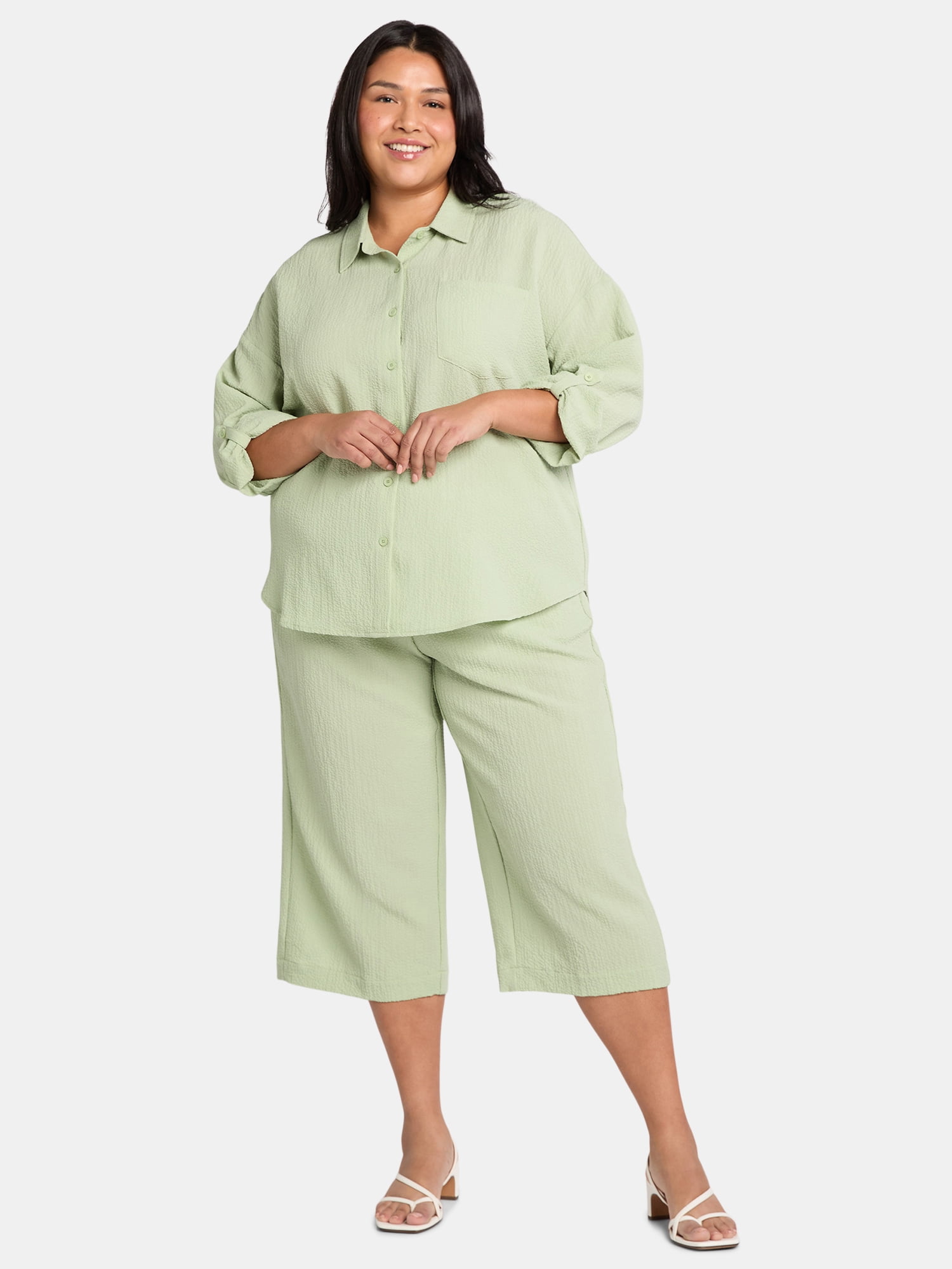 Just My Size Women's Plus Gauze Button Up Shirt and Capri Pants Set, 2 ...