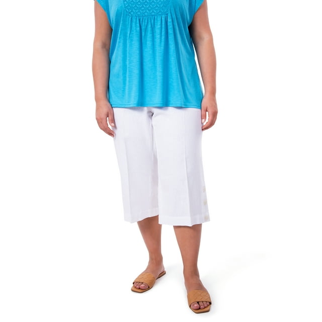 Just My Size Women's Plus Size Linen Blend Wide Leg Pull On Capri Pants ...
