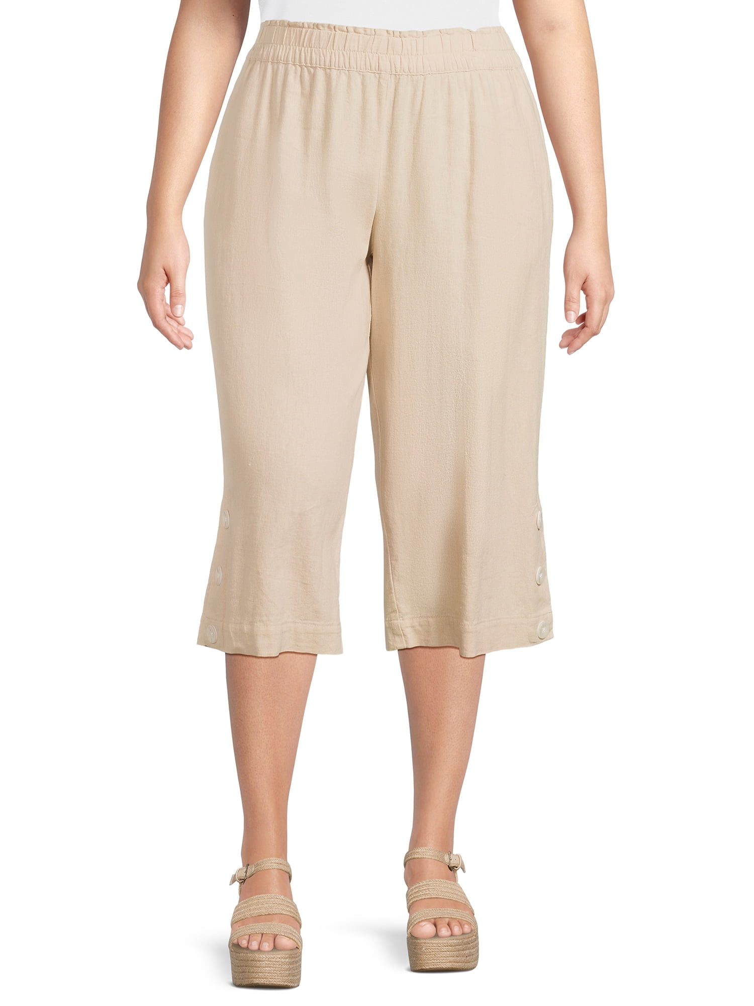 Just My Size Women's Plus Size Linen Blend Wide Leg Pull On Capri Pants ...