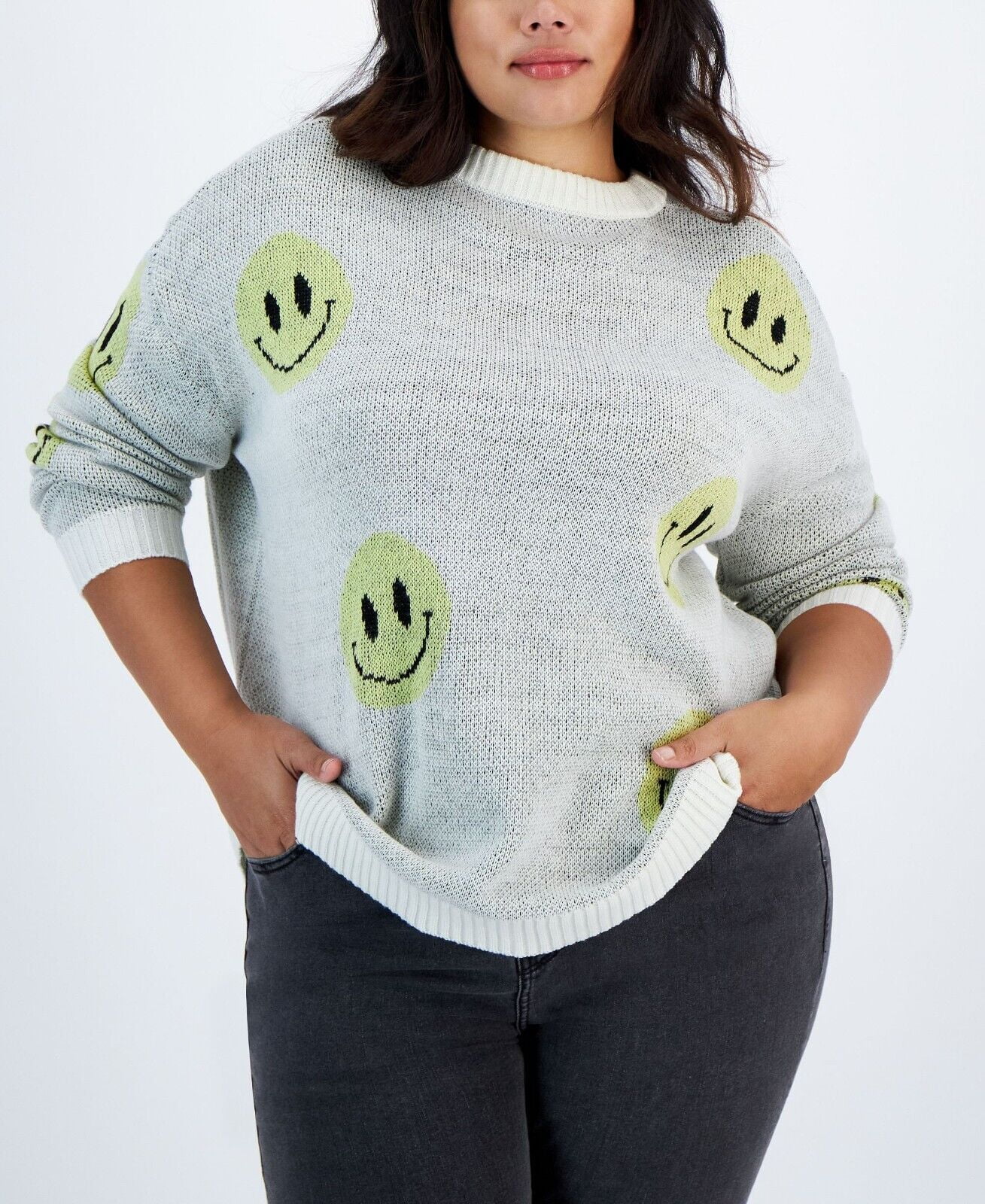 Just Polly Women's Trendy Plus Size Smiley Crewneck Sweater Cream 2X ...