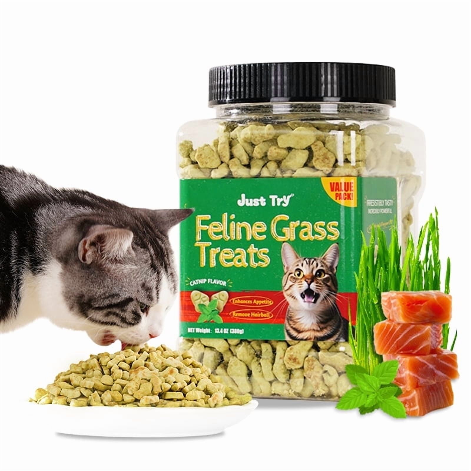 Just Try Cat Grass Treats, Salmon Flavor, Hairball Control, Dental Care ...