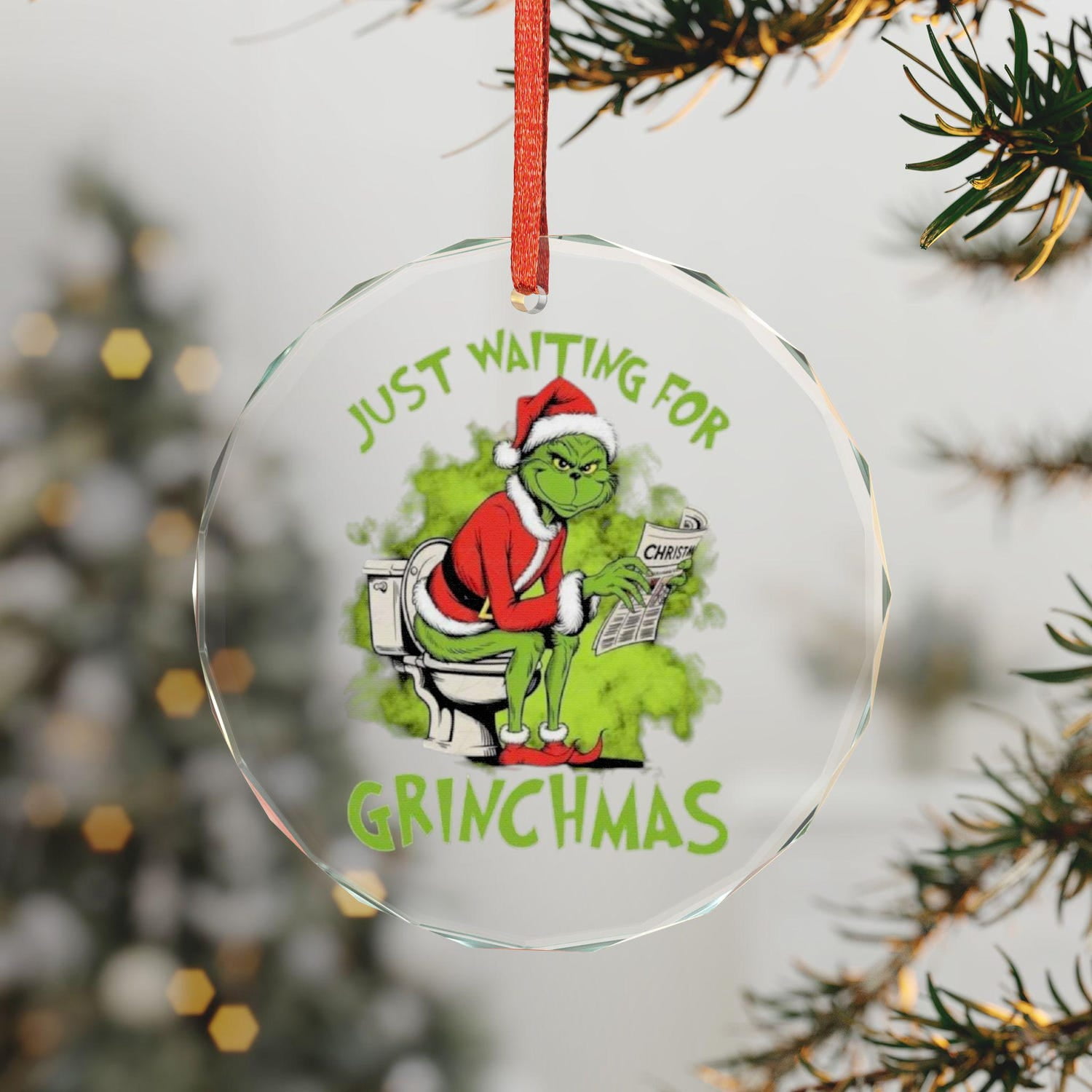 Just Waiting for Grinchmas Crystal Glass Ornament | Grinch on Toilet ...