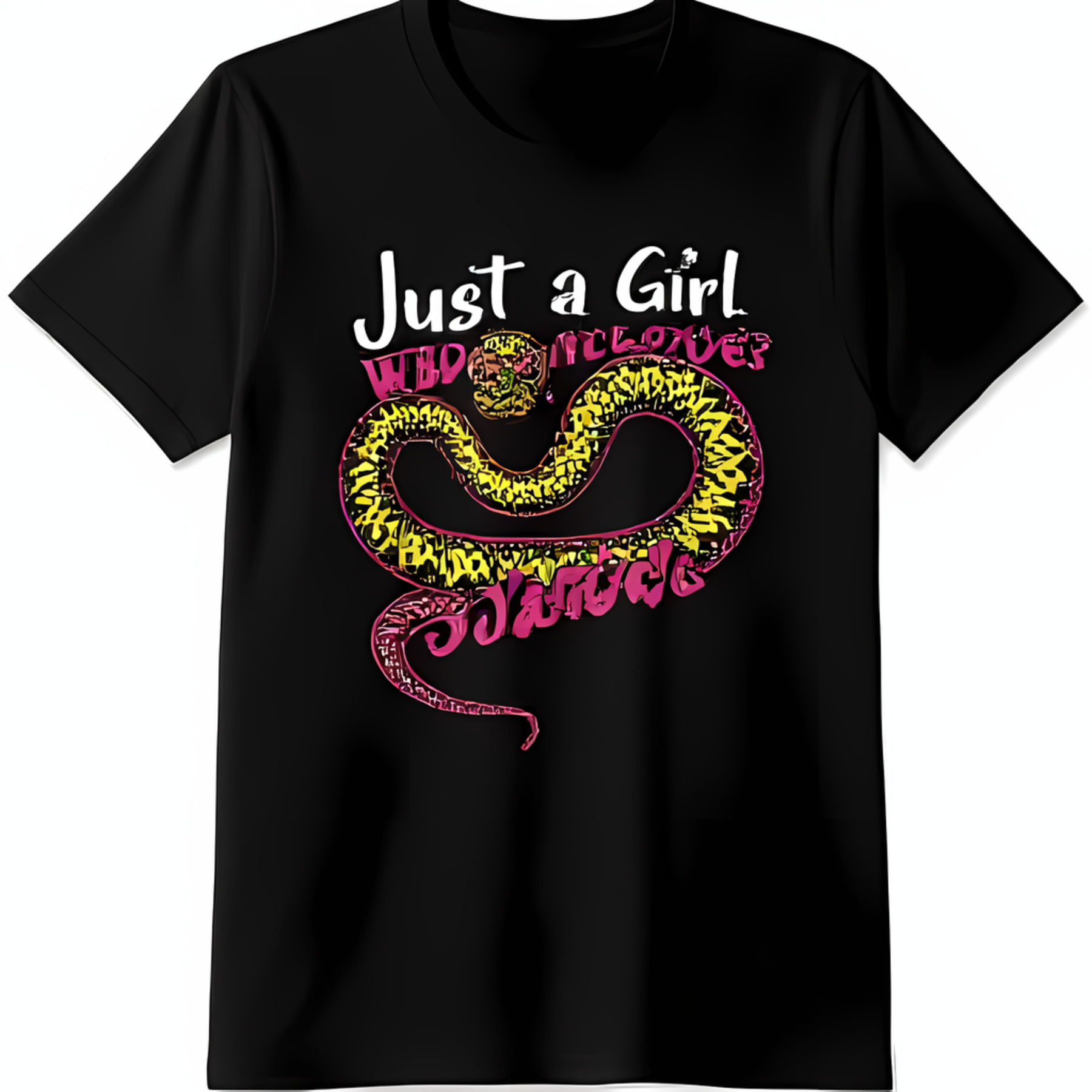 Just a Girl Who Loves Snakes Black T-Shirt with Pink and Yellow Snake ...