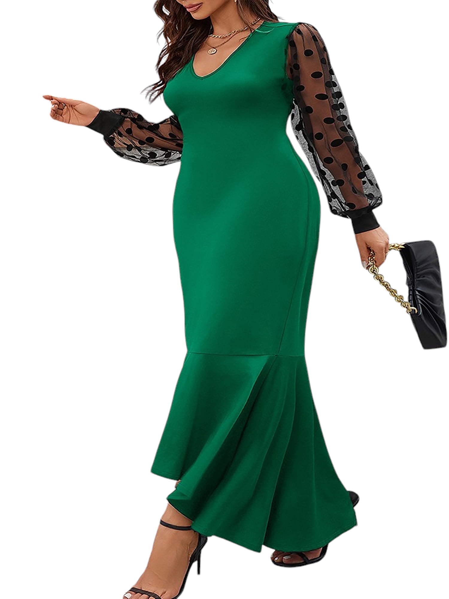 JustVH Long Mesh Sleeve Formal Party Cocktail Midi Pencil Dresses Women ...