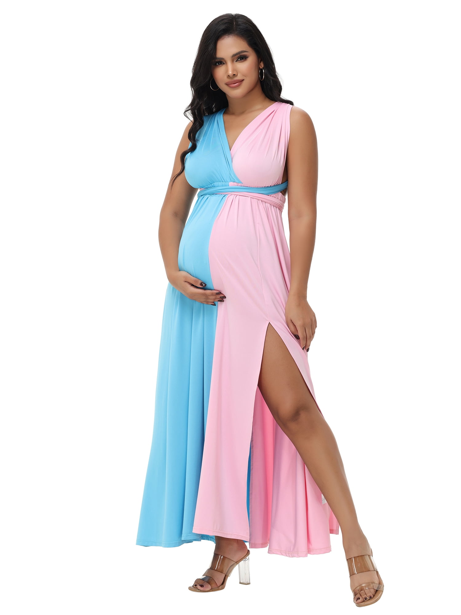 JustVH Maternity Colorblock Cross Wrap Multiway Dress Backless Split ...