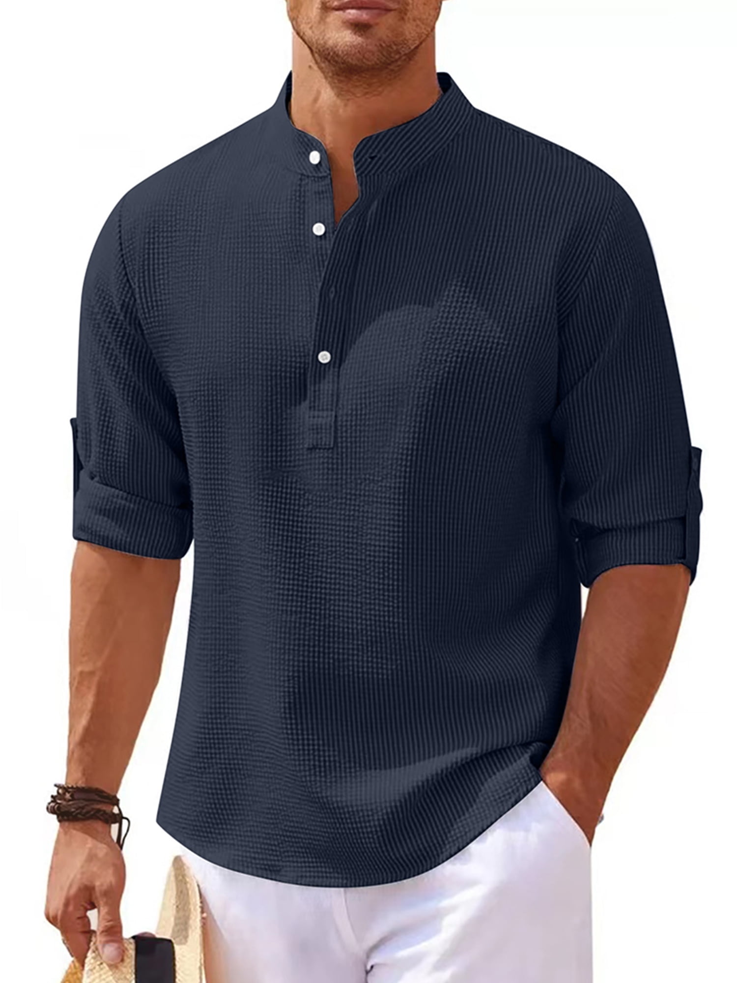 JustVH Men Long Sleeve Henley Shirt Basic Stand-Up Collar Ragged T ...