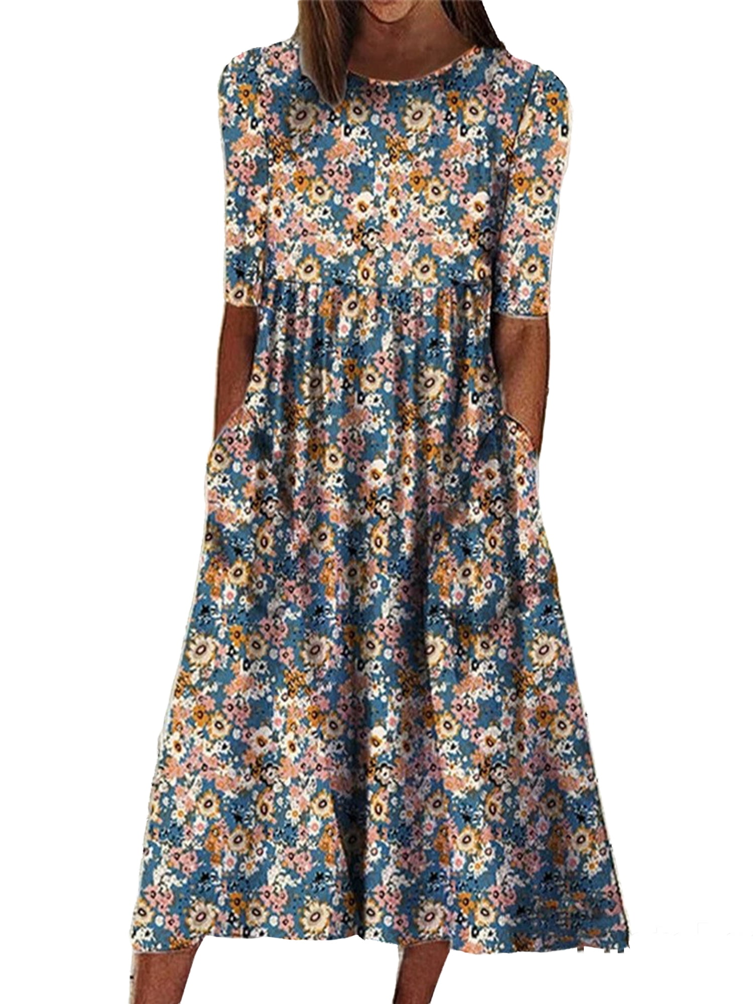 JustVH Women's Casual Floral Print Midi Dress with Pockets, Half Sleeve ...