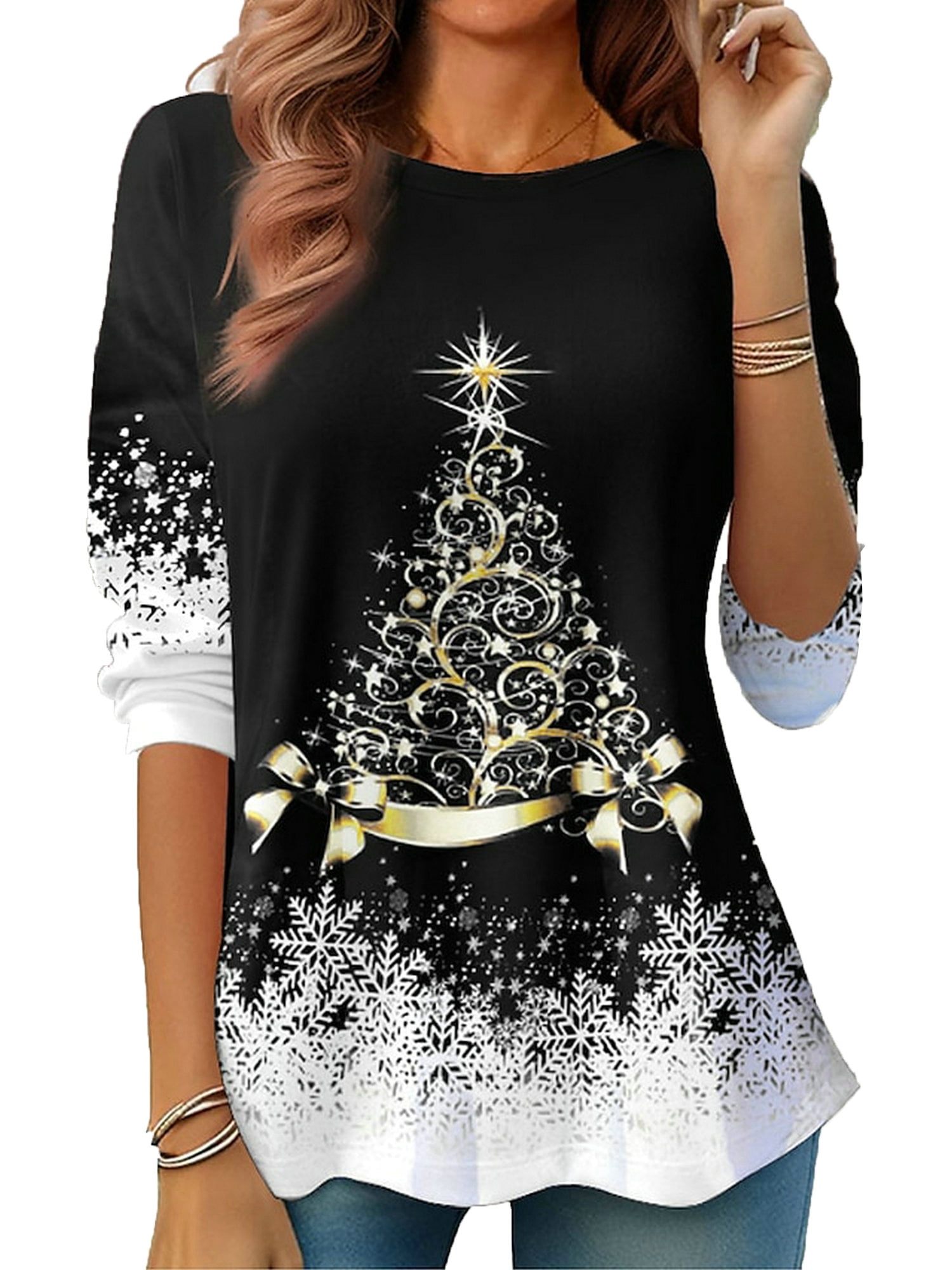 JustVH Women Christmas Snowman Print Tops Crew Neck Tunic T-Shirt ...