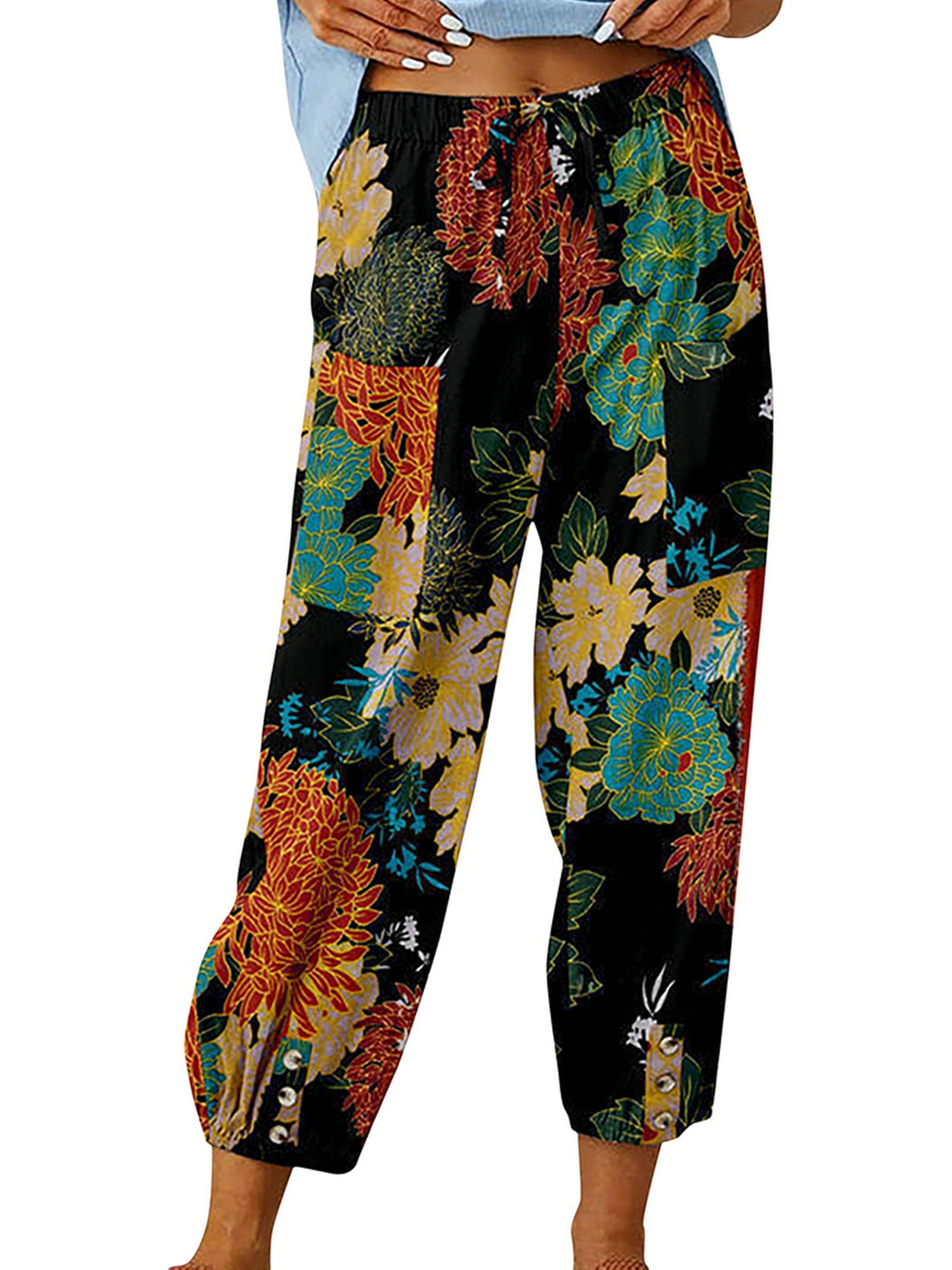 JustVH Women Cotton Linen Elastic Drawstring Waistband Pleated Slacks ...