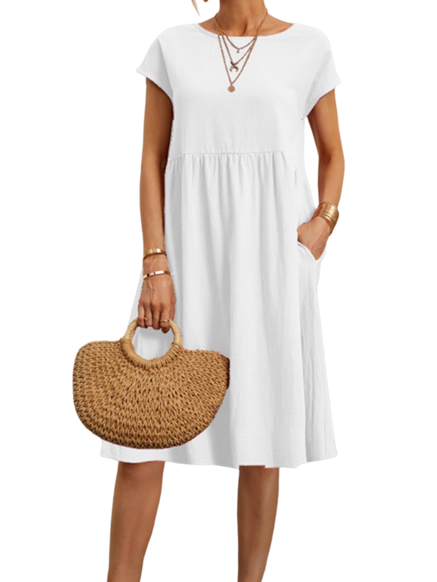 JustVH Women Extended Cap Sleeves Summer Pullover Linen A-Line Dress ...