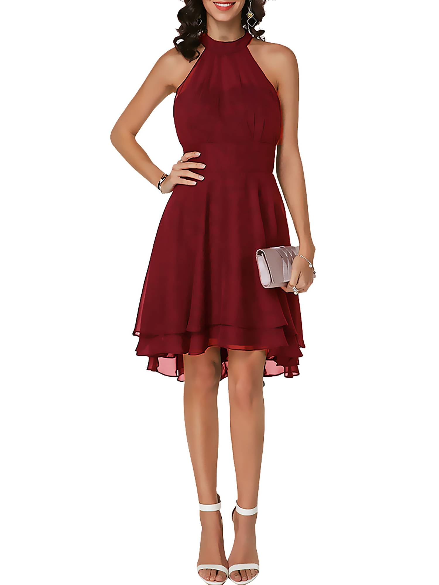 JustVH Women Party Halter Chiffon Dress 3 Layers Mini Formal Dress ...
