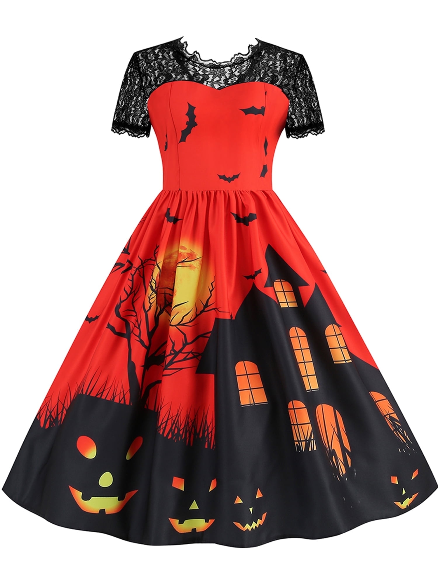 JustVH Women Rockabilly Vintage Swing Frock Lace Trim Halloween Skater ...