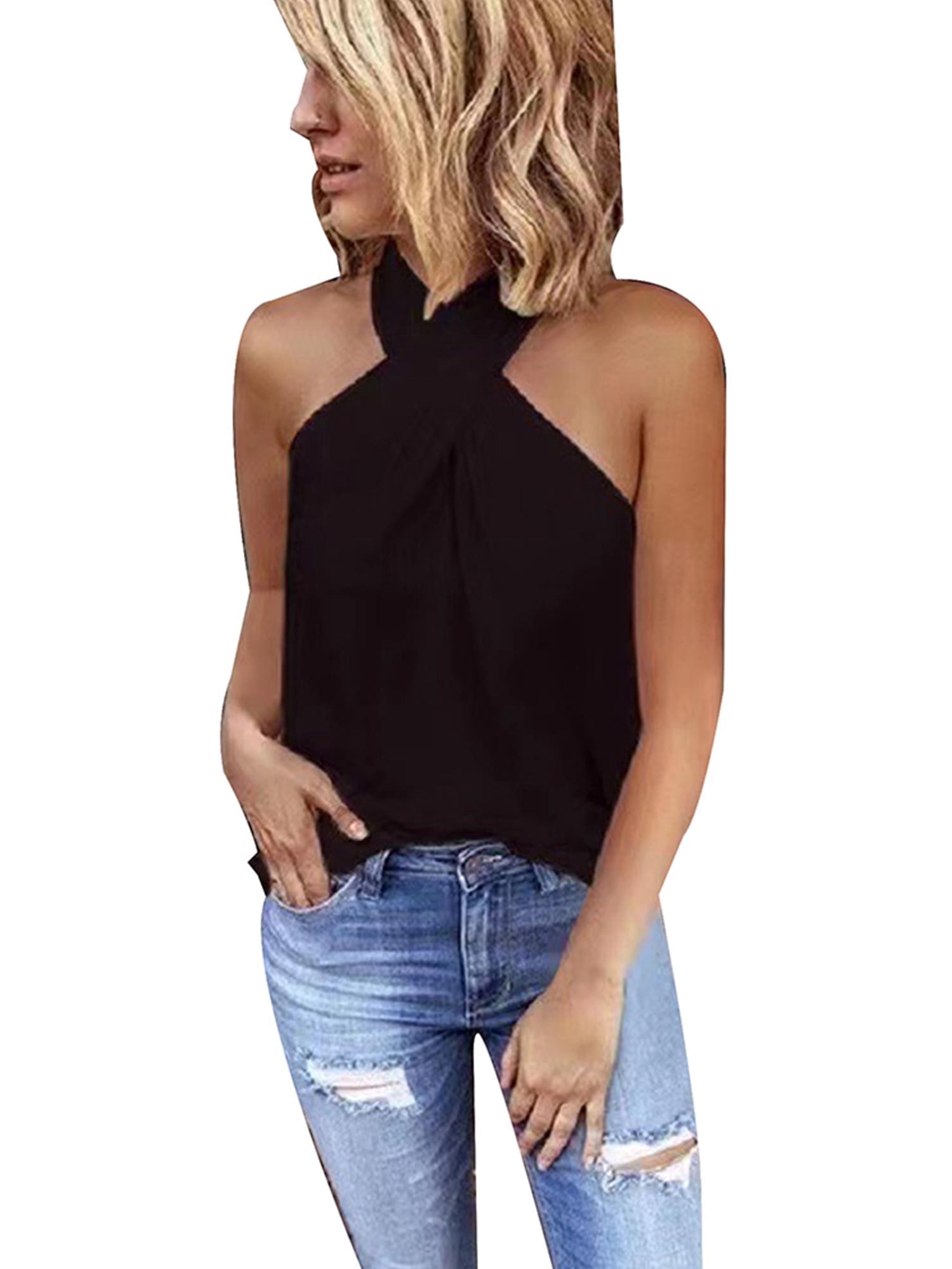 JustVH Women Sexy Halter Solid Color Tops Pullover Summer Camisole Tank ...