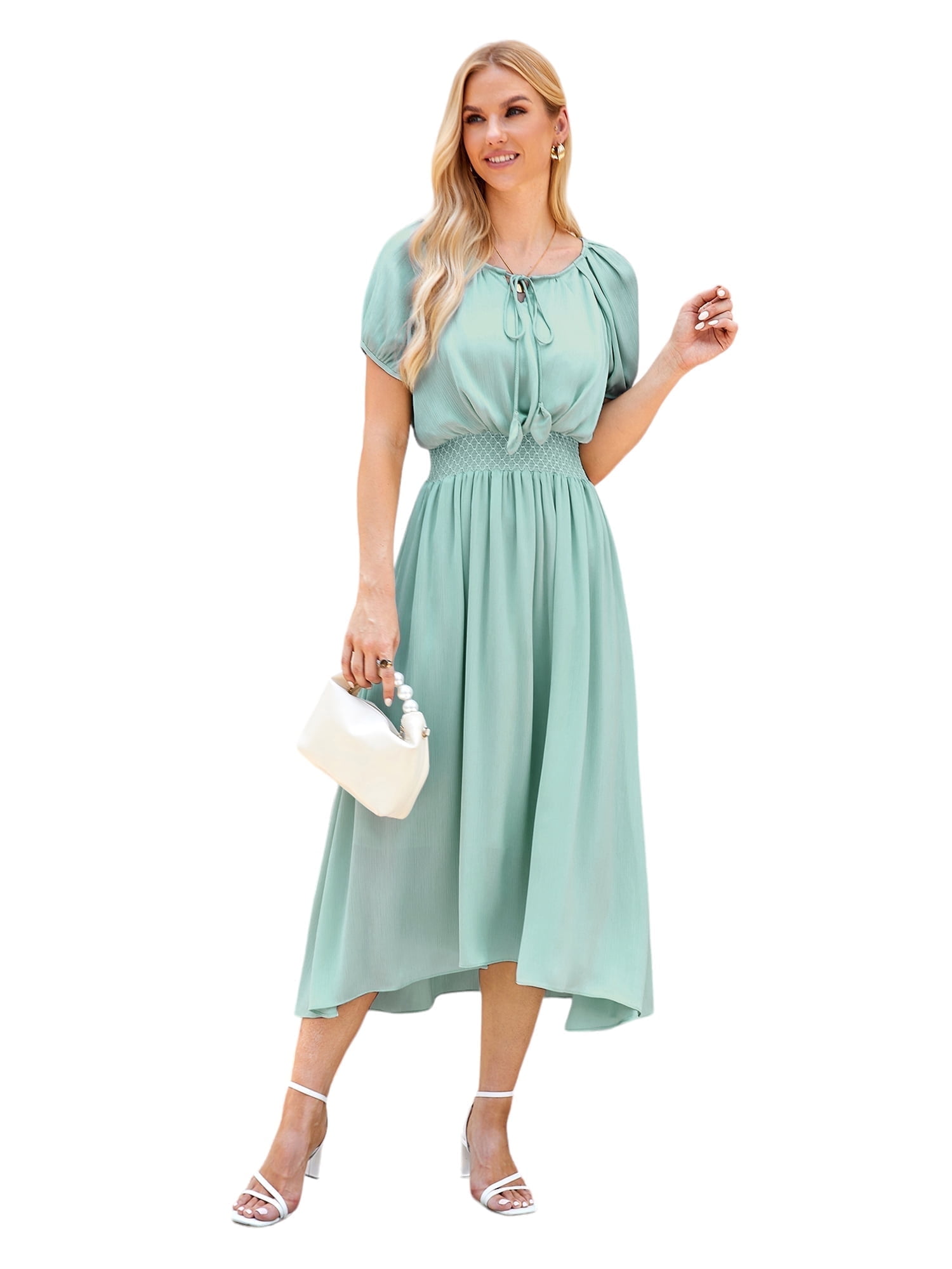 JustVH Women Short Sleeve Swing Midi Crape Jacquard Smocked Dress ...