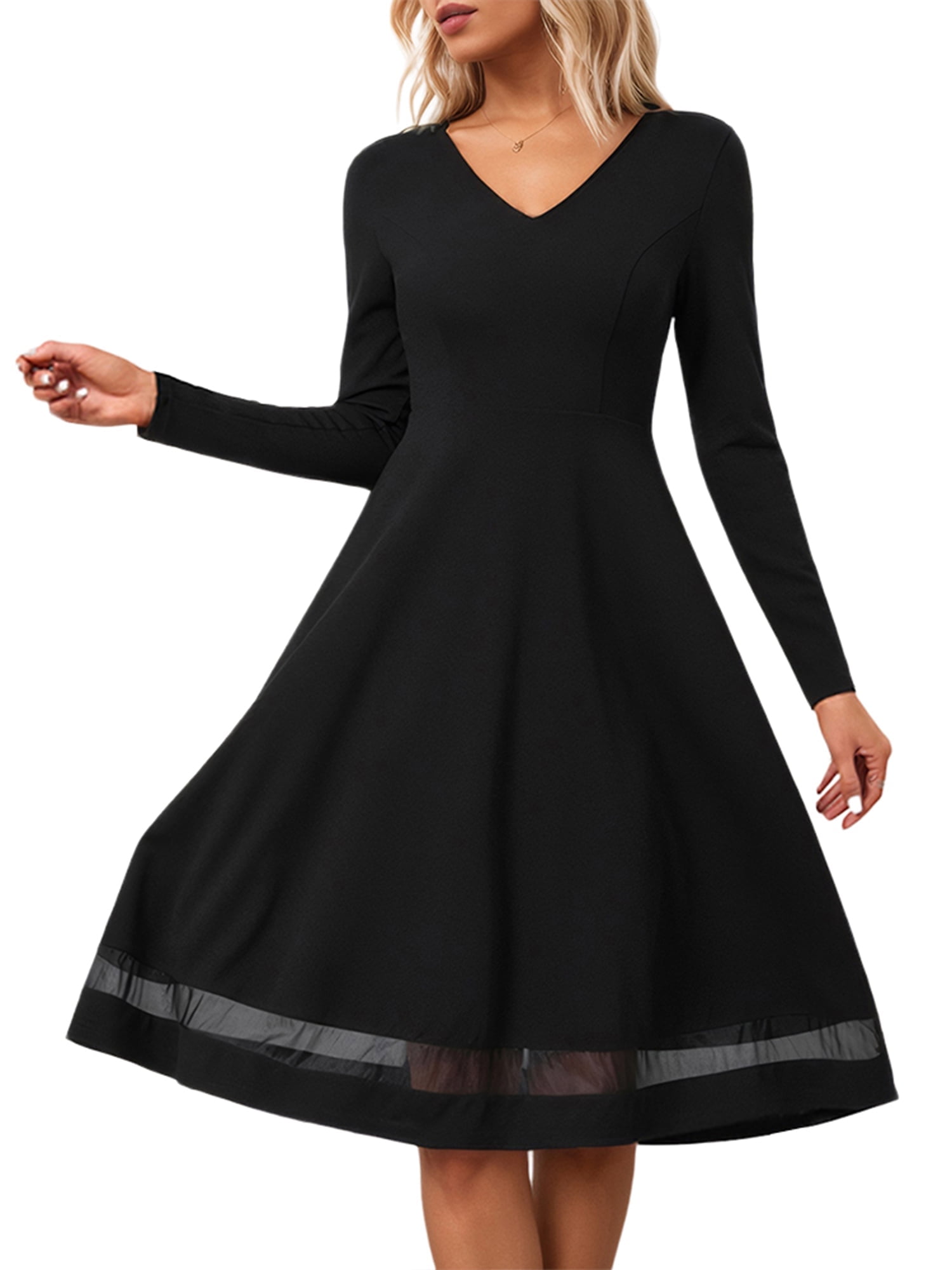 JustVH Women Splice Mesh Long Sleeve Swing Midi Skater Dress - Walmart.com