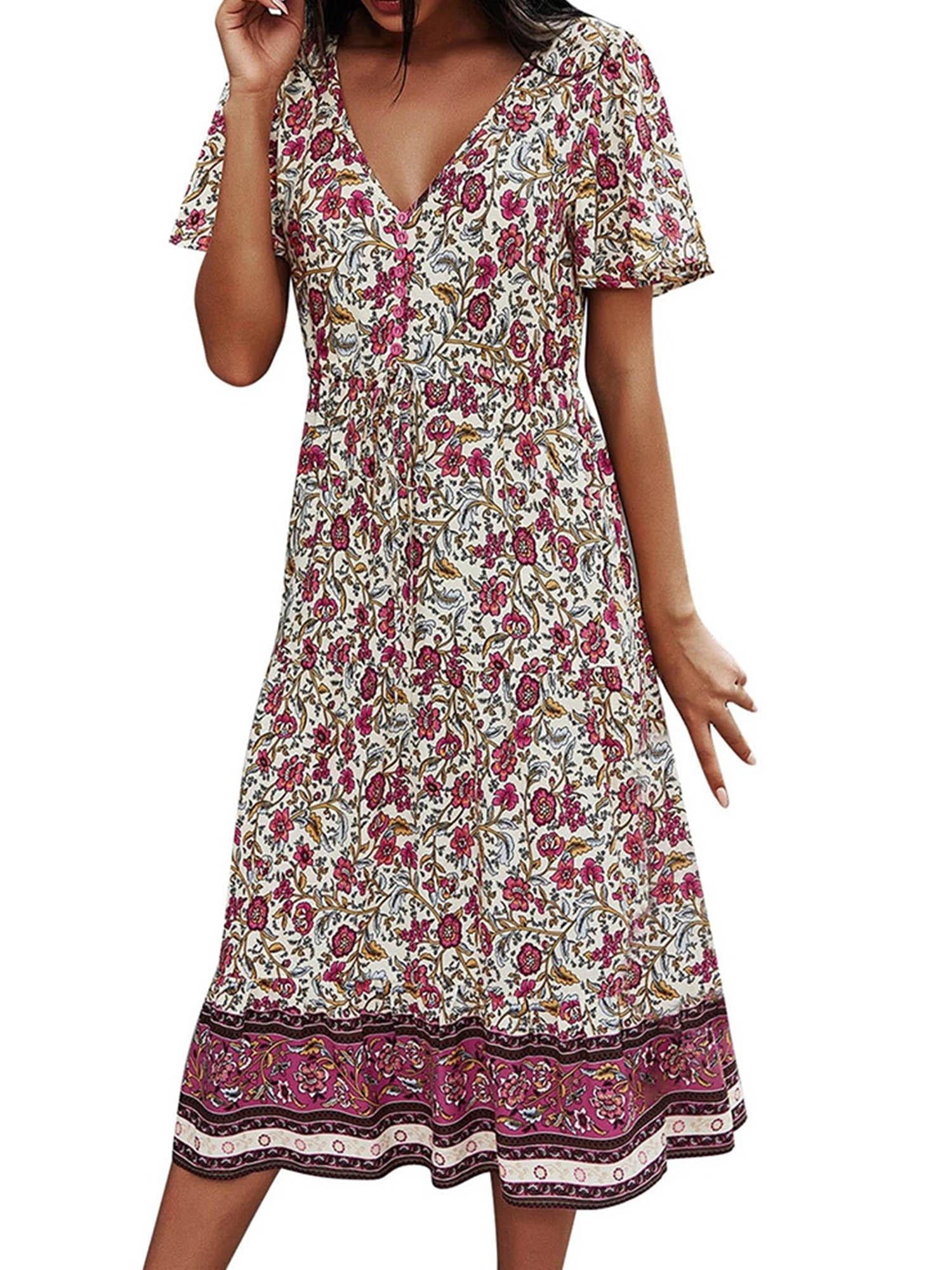 JustVH Women Summer Beach Floral Boho Dress Short Sleeve Midi Swing ...
