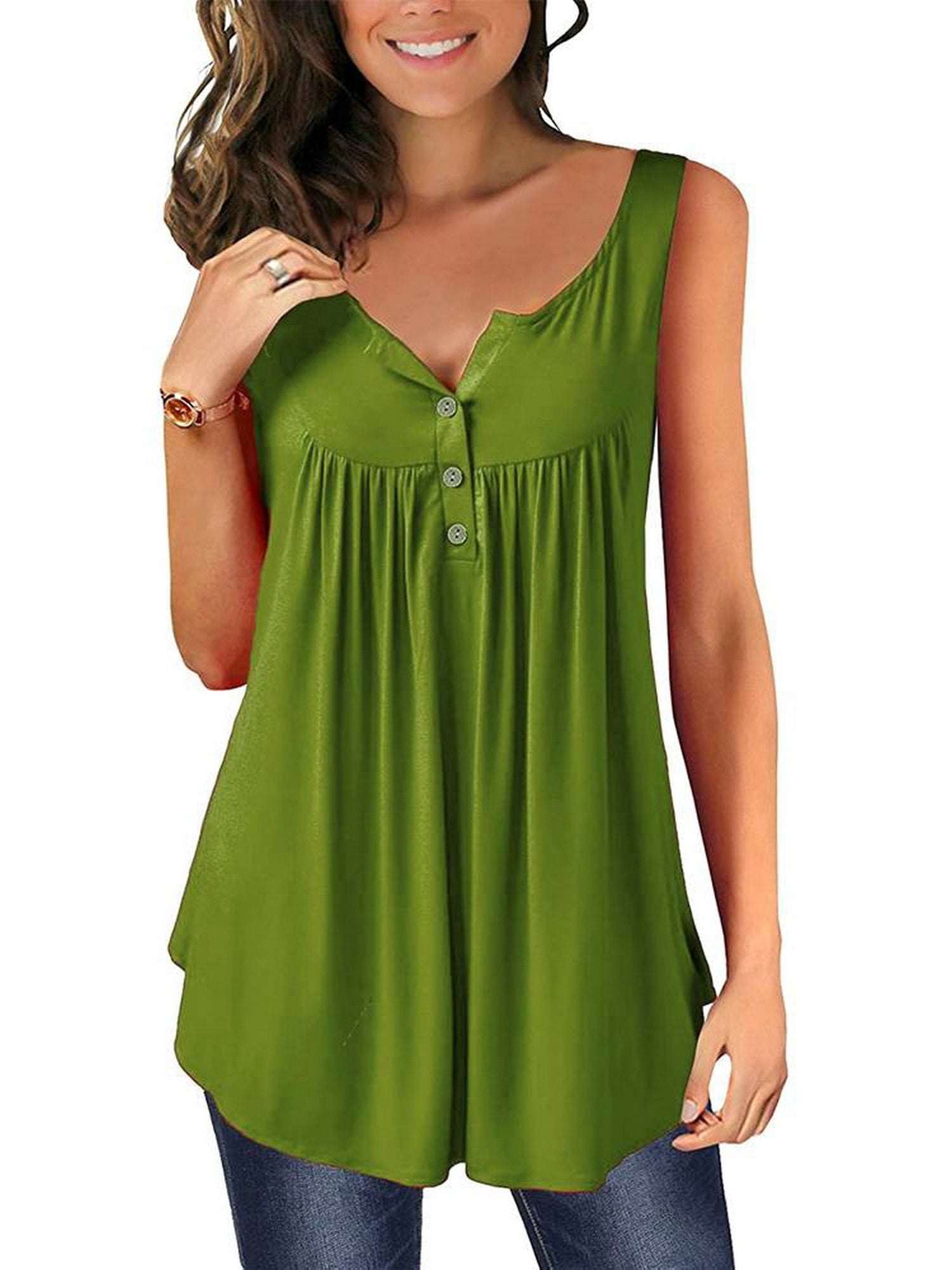JustVH Women Summer Short Sleeve Henley Tunic Shirt Tops Casual Pleated ...