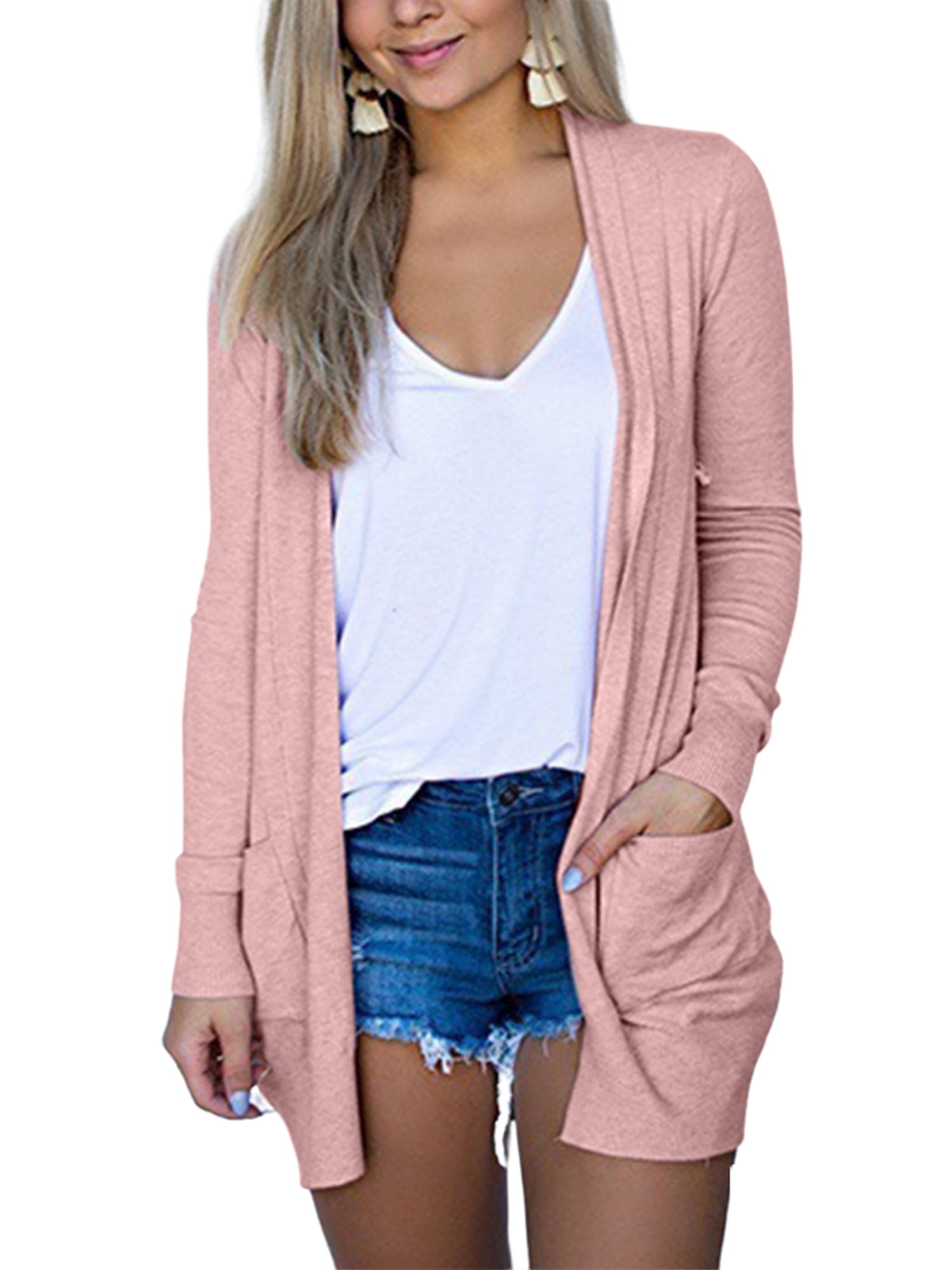 JustVH Women's Casual Solid Color Pocket Thin Long Sleeve Basic ...