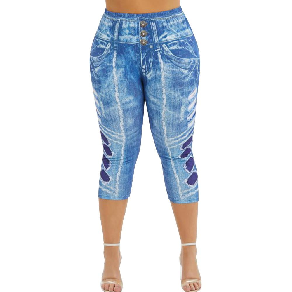 JustVH Women's Imitation Denim Summer Print Skinny High-Waisted Capri ...