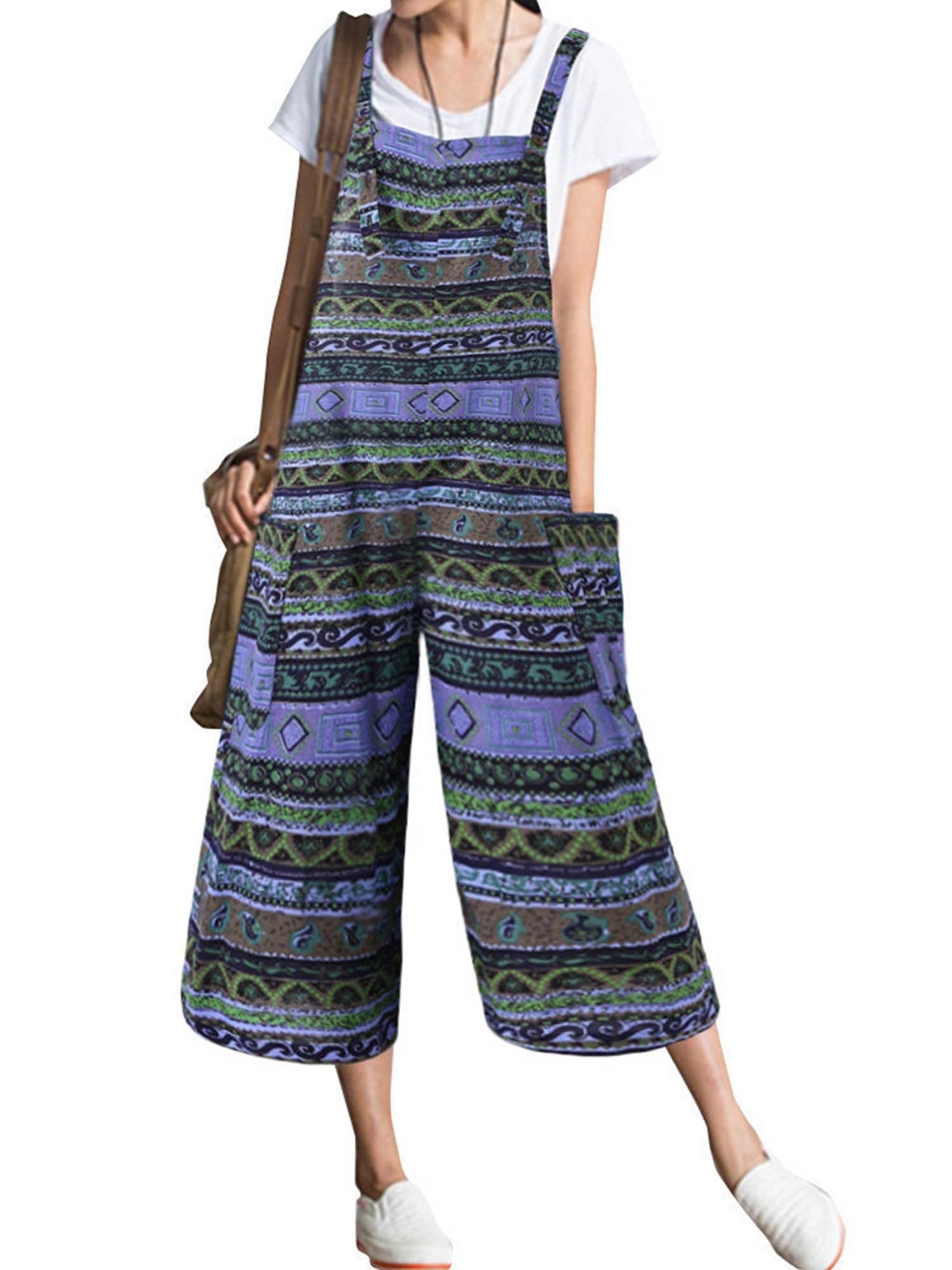 JustVH Women's Printed Wide Strap One-Piece Loose Casual Capri Overalls ...