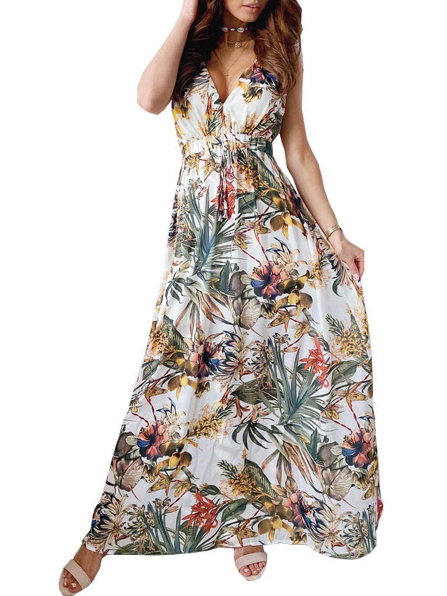 JustVH Womens Bohemian Floral Long Maxi Sundress Summer Beach Flowy ...