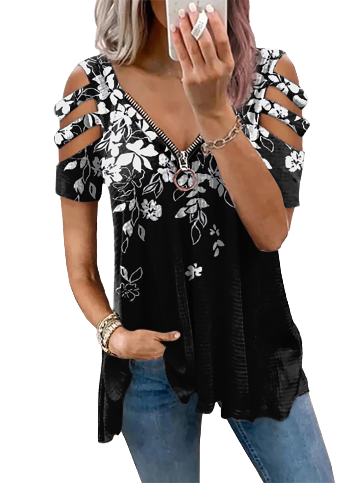 JustVH Womens Hollow Out Short Sleeve Zipper V Neck Tops Sexy Flowy T ...