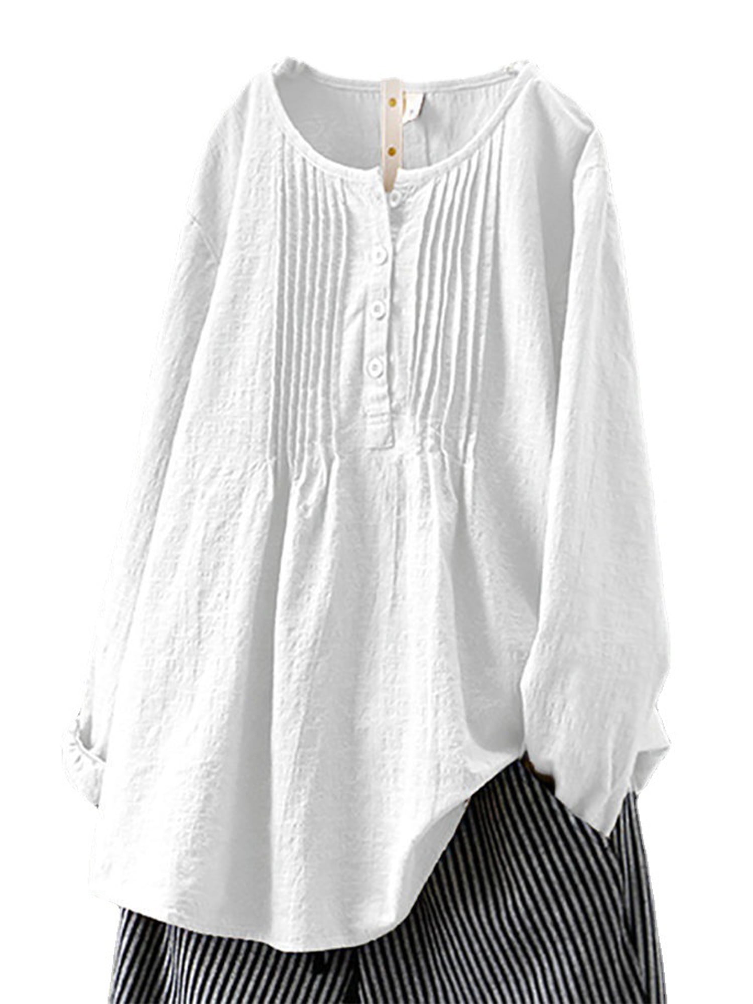 JustVH Womens Plus Size Cotton Linen Ruched Loose Tunic Top Blouse ...
