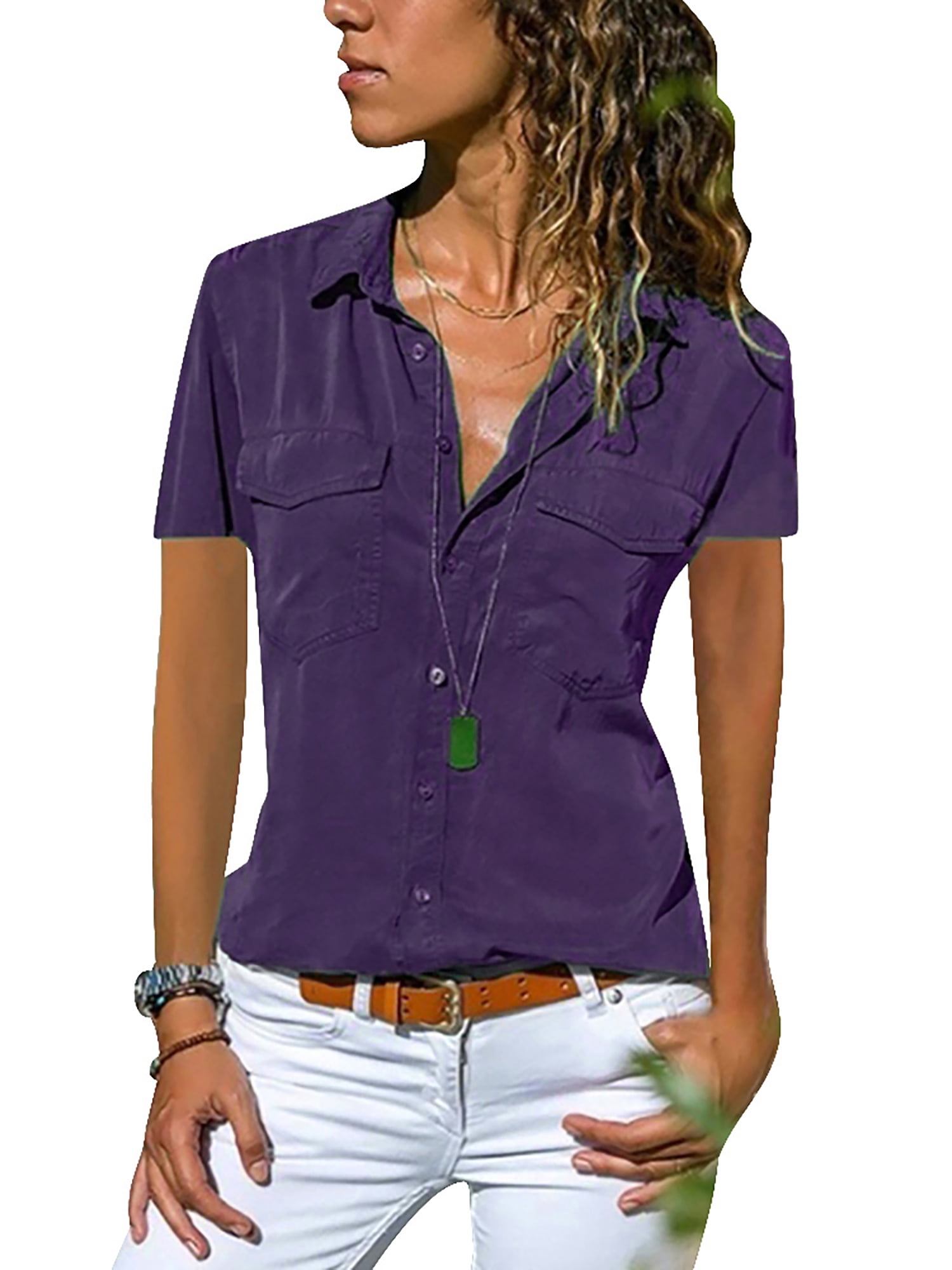JustVH Womens Short Sleeve Lapel V Neck Button Down Blouse Tops - Walmart.com