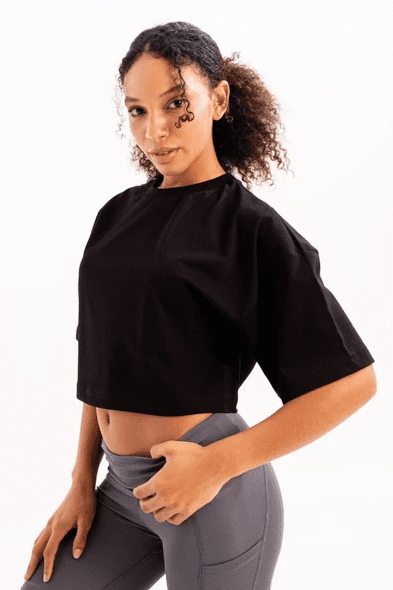 Justever 100% Cotton Crop Crew Neck Black Women's T-Shirt - Maia ...