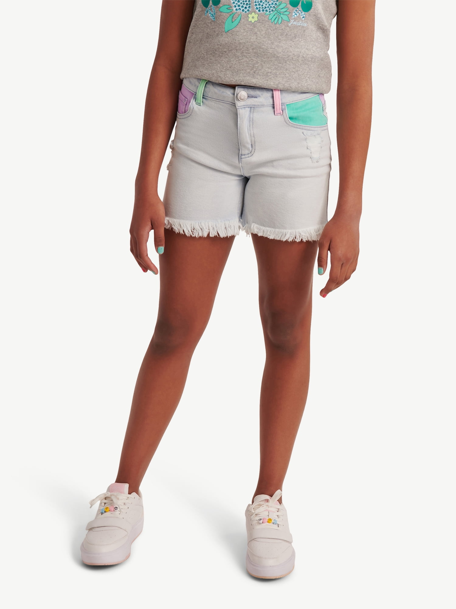 Justice Girls Colorblock Rise Midi Denim Short - Sizes 6-18 - Walmart.com