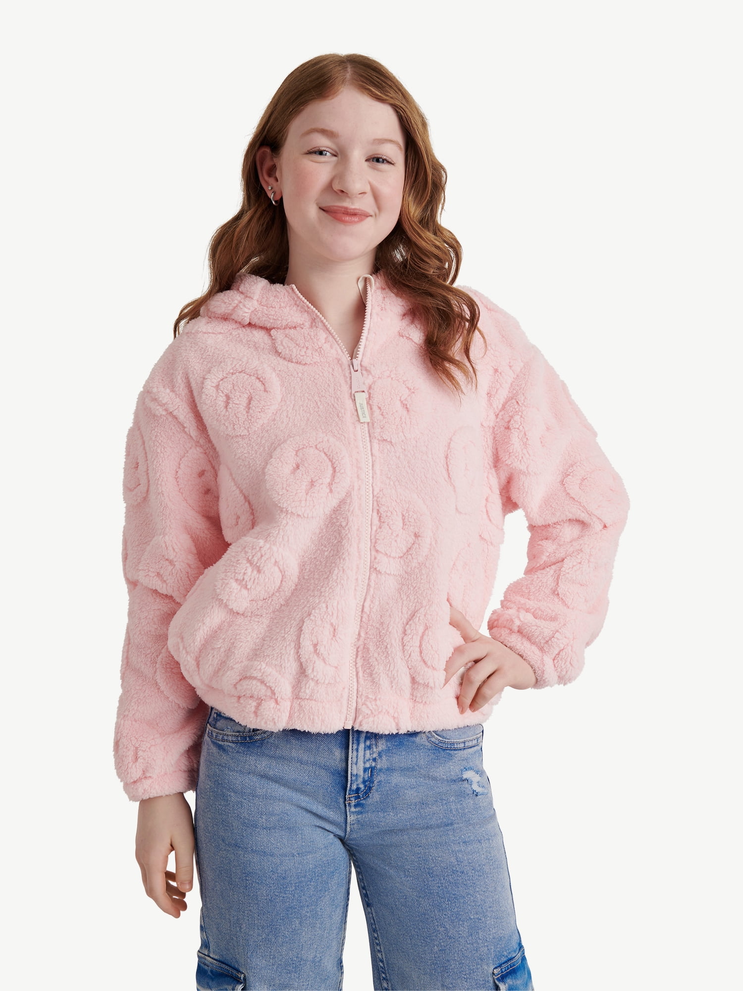 Justice Girl's Embossed Smiley Sherpa Jacket with Hood, Sizes XS - XL ...