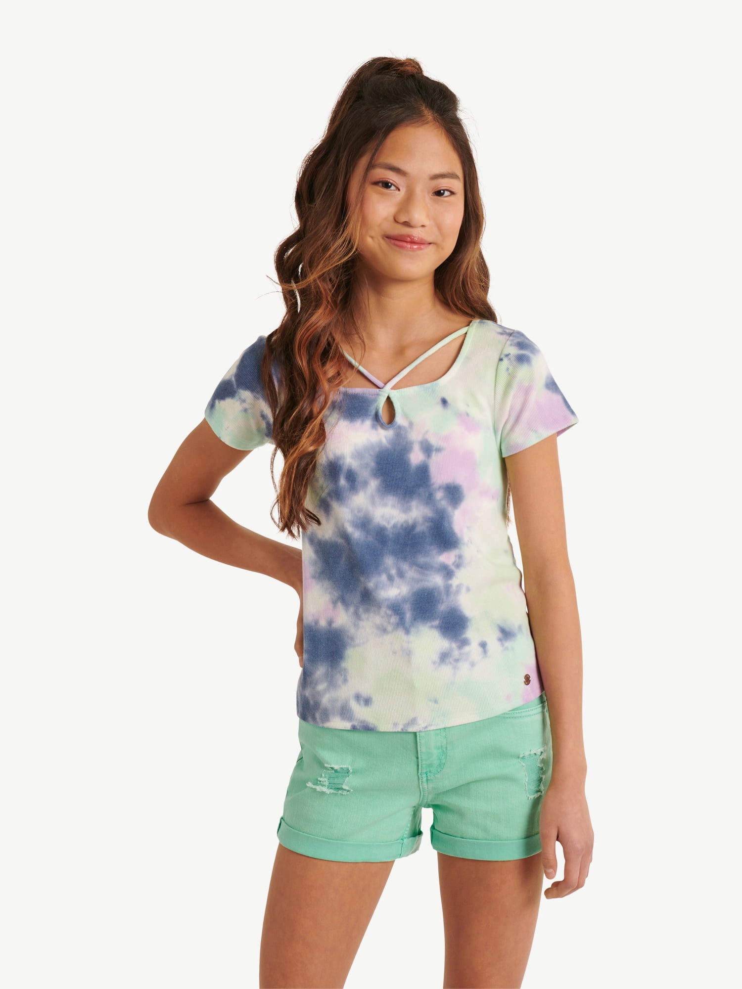 Justice Girl's Short Sleeve Drawstring Ring Cross Neck Ribbed T-Shirt ...