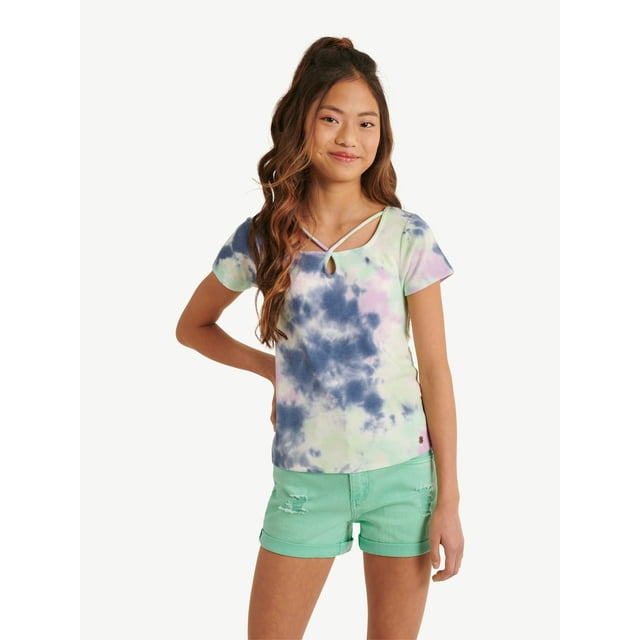 Justice Girl's Short Sleeve Drawstring Ring Cross Neck Ribbed T-Shirt ...