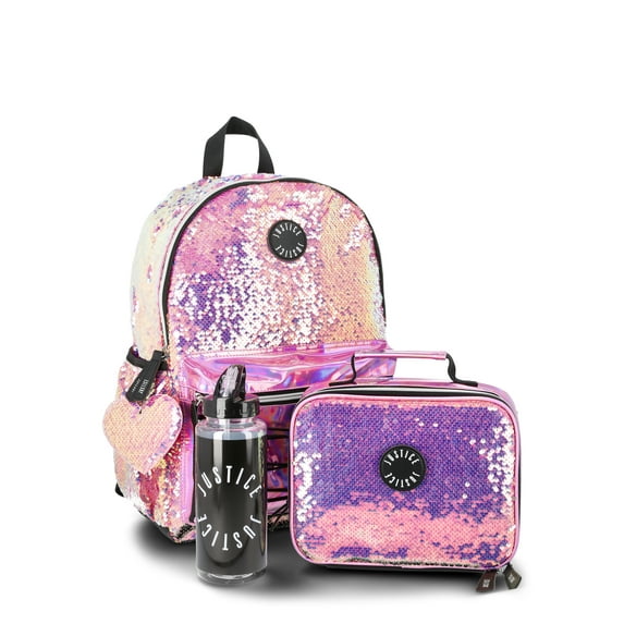 Justice Girls 17" Iridescent Sequined Backpack, Lunch Bag, Water Bottle ...