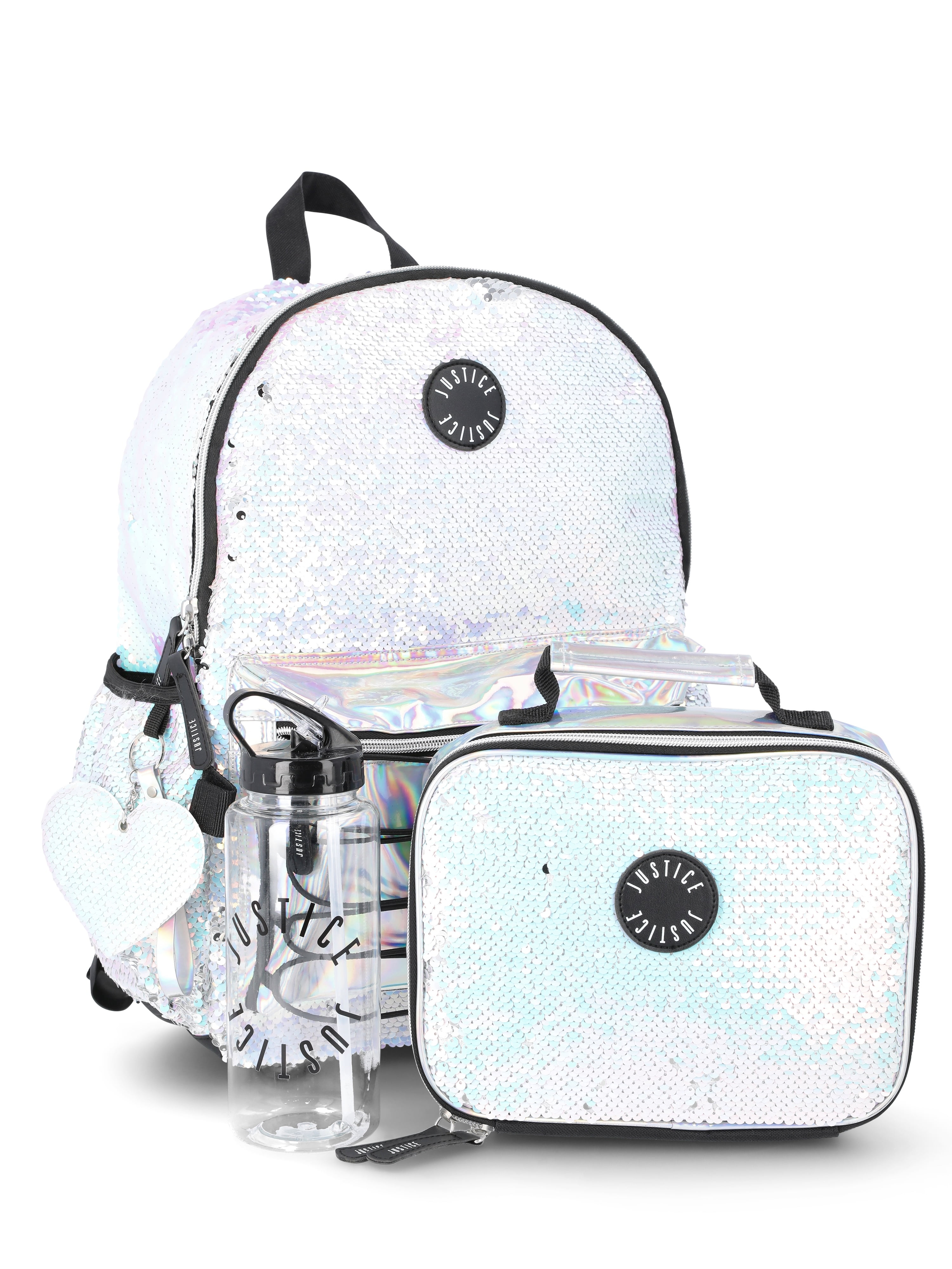 Justice Girls 17" Iridescent Sequined Backpack, Lunch Bag, Water Bottle ...