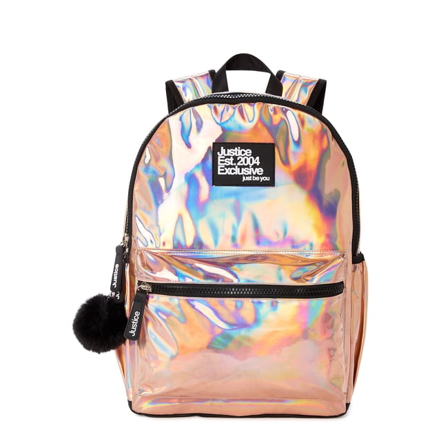 Justice Girls 17" Laptop Backpack with Pom Pom Dangle, Iridescent Rose ...