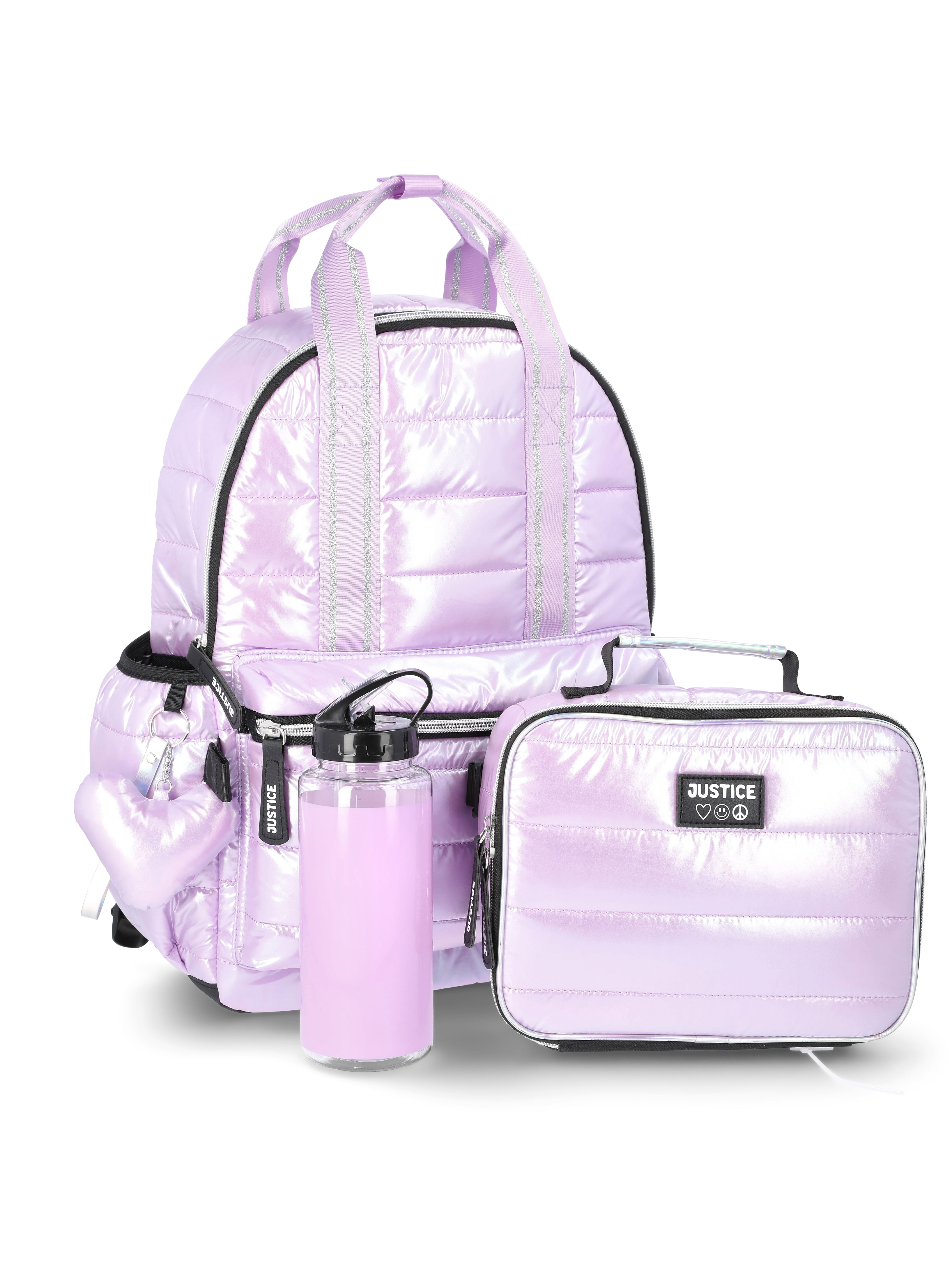 Justice Girls 17" Shimmer Quilted Backpack, Lunch Bag, Water Bottle ...