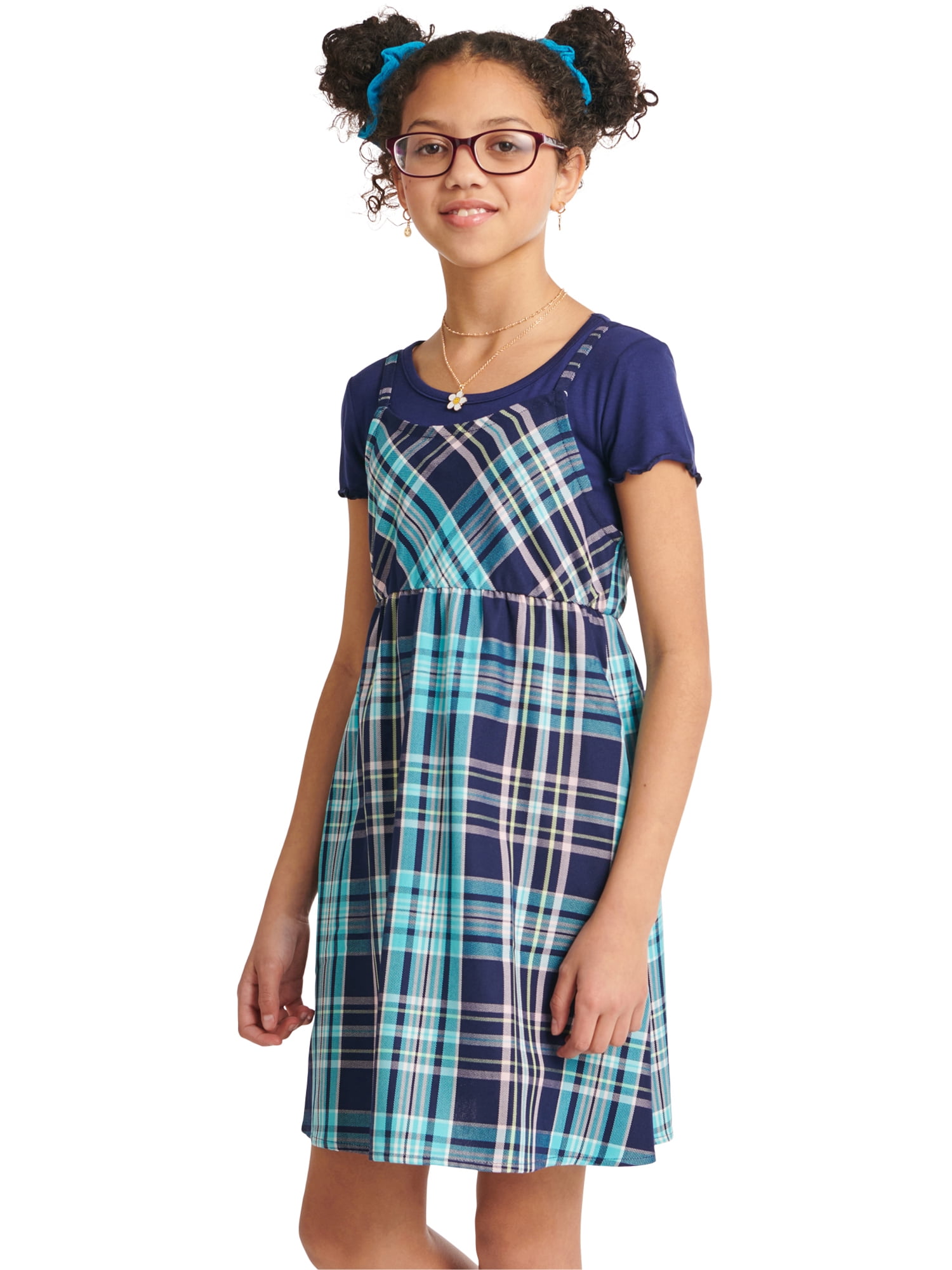 Justice Girls 2Fer Babydoll Plaid Dress, Sizes XS-XLP - Walmart.com
