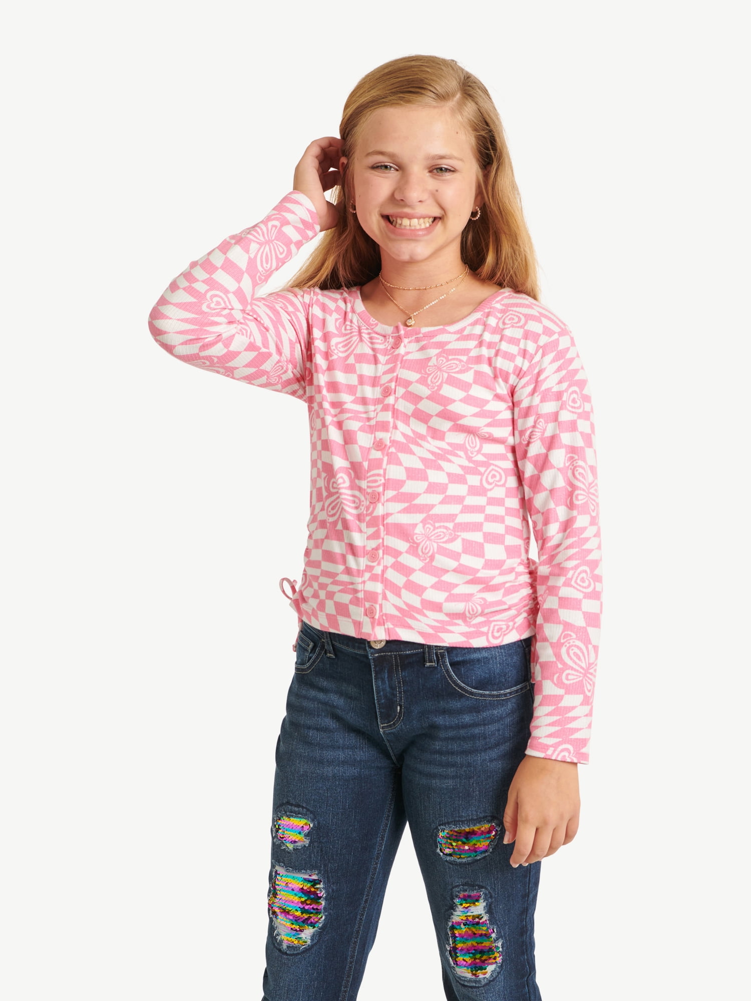Justice Girls Button-Front Cinch Top - Y2K-Inspired Print - Walmart.com
