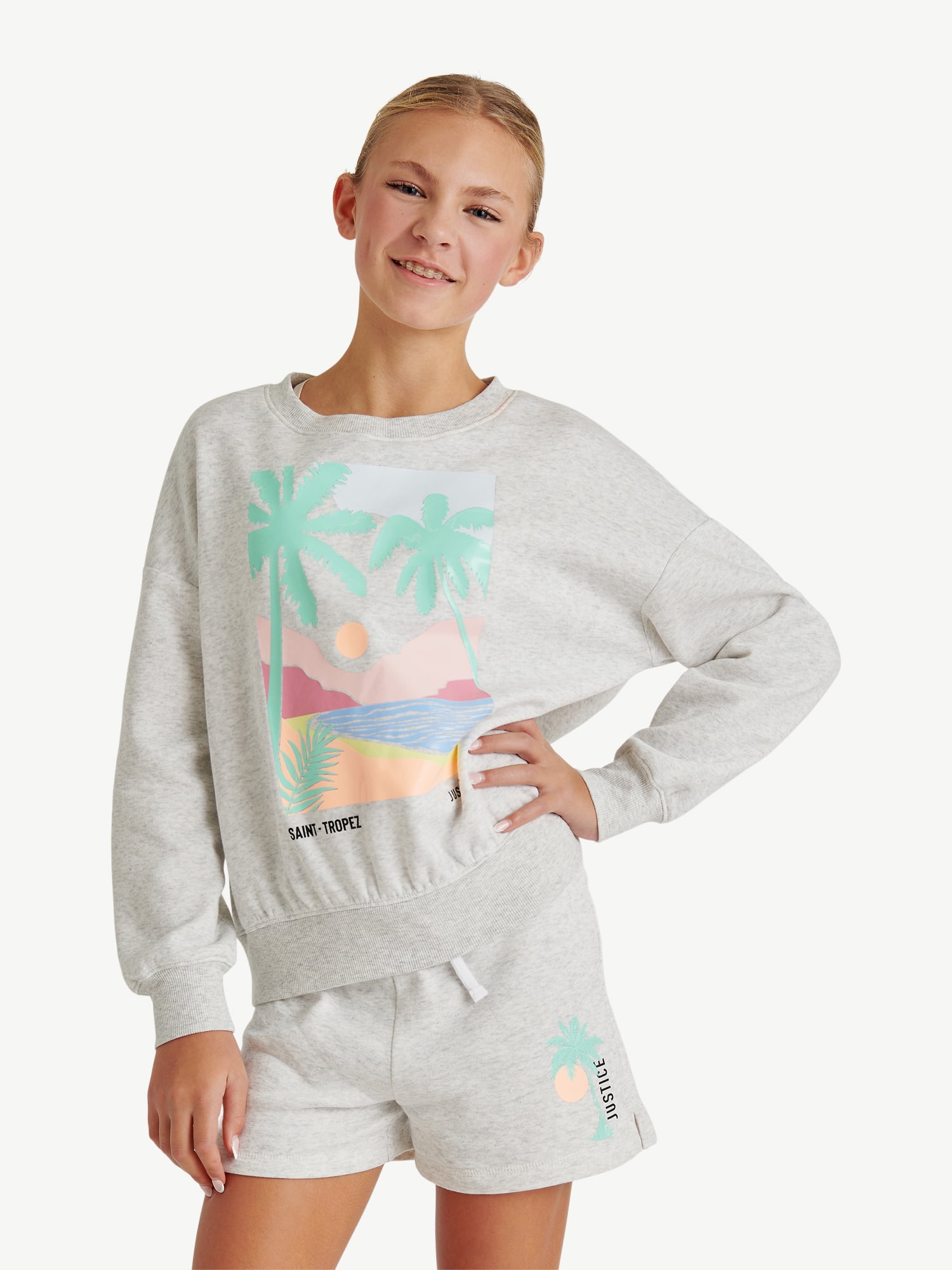 Justice Girls Fleece Crew - Long Sleeve Pullover Sweatshirt - Walmart.com