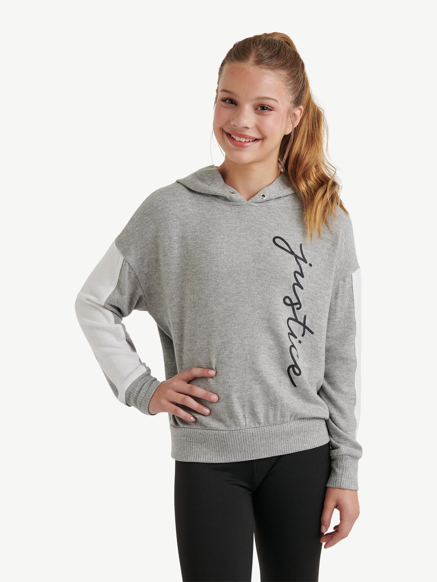 Justice Girls Hacci Long Sleeve Hoodie, XS-XLP, Soft Cozy Pull-On, Black/Gray - Walmart.com